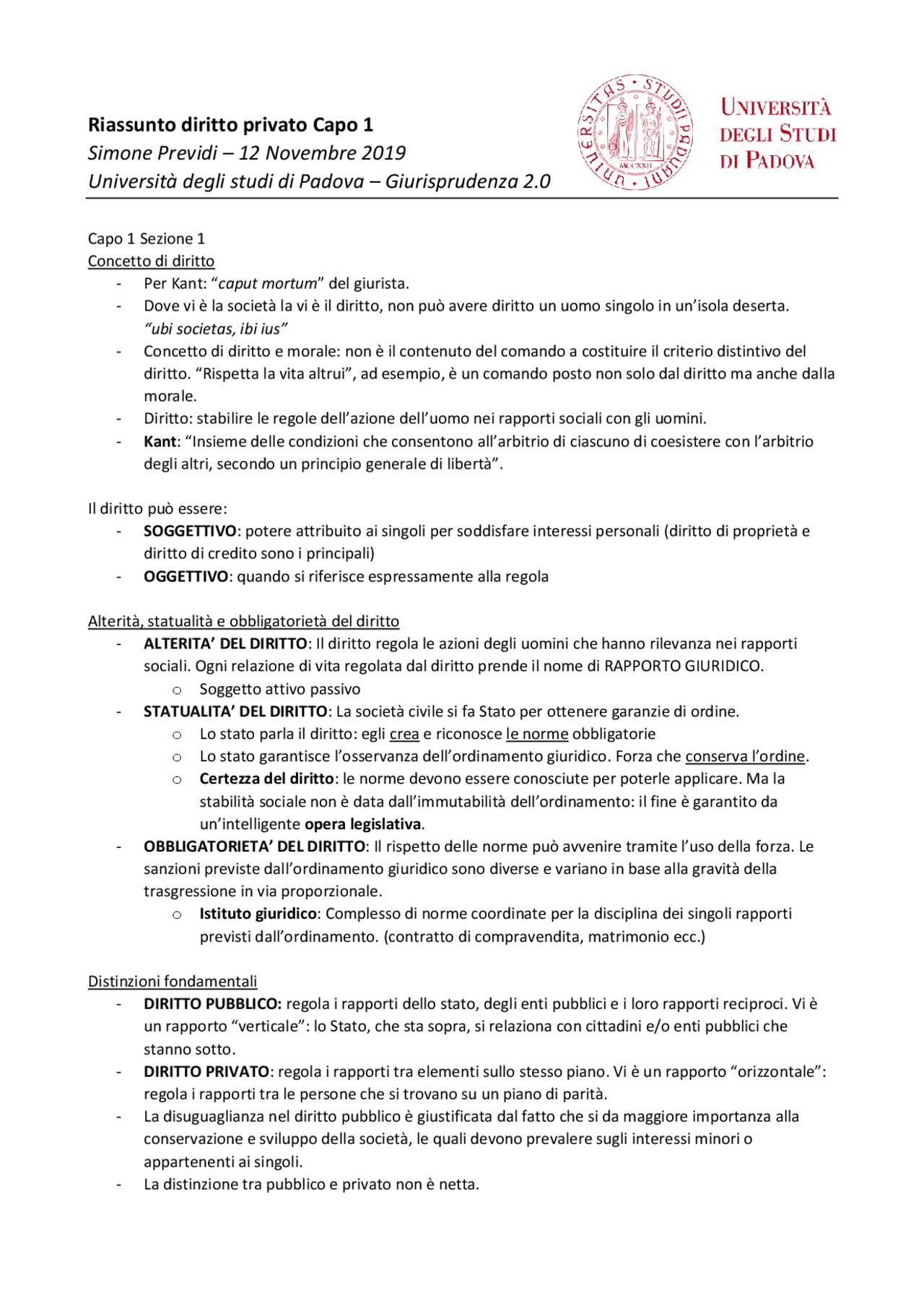 Riassunto Capo 1 Il Diritto Privato In Generale Trabucchi 2019