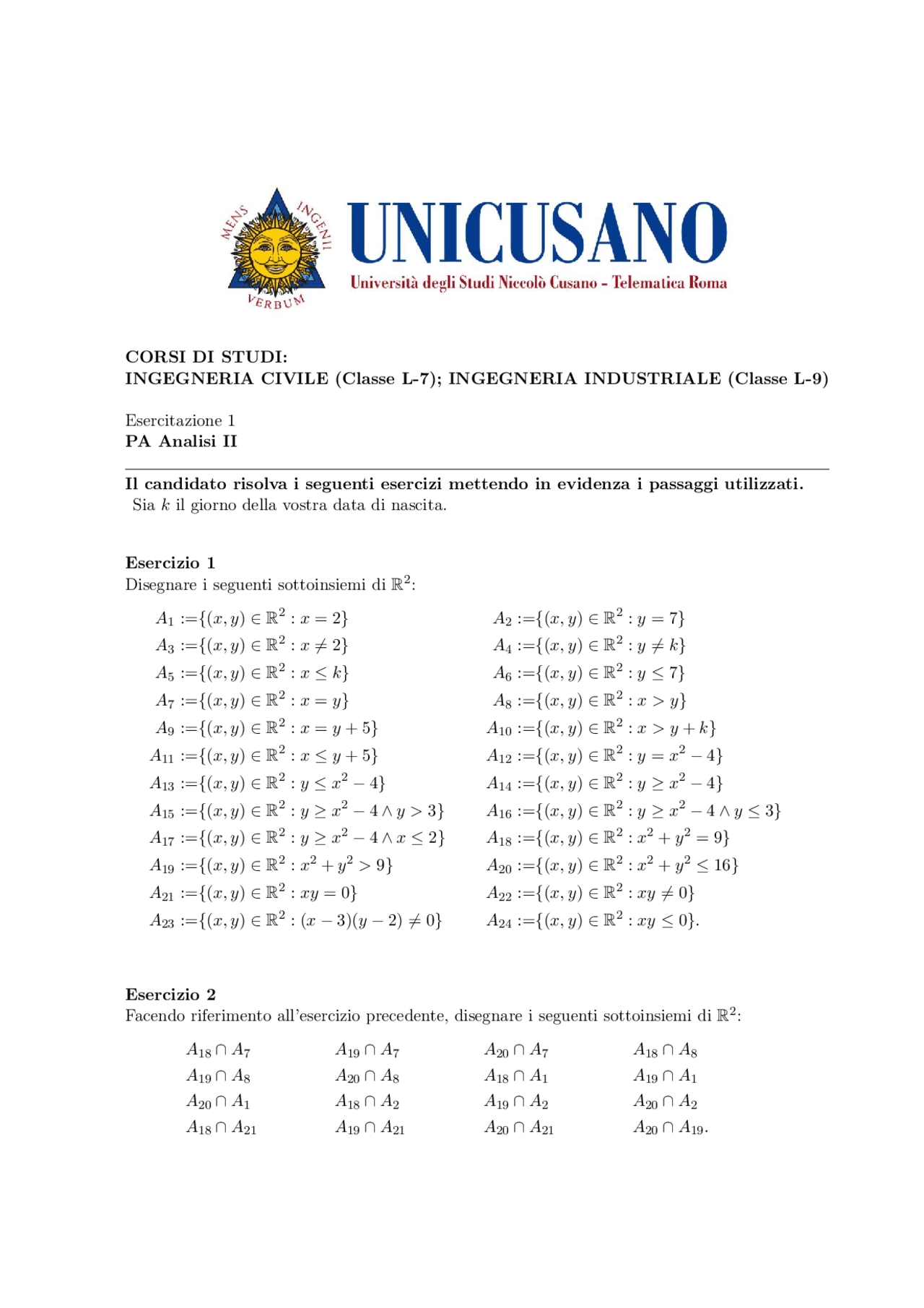 Esercitazione N°1 Di Analisi Ii Prof Marchisio Unicusano Docsity