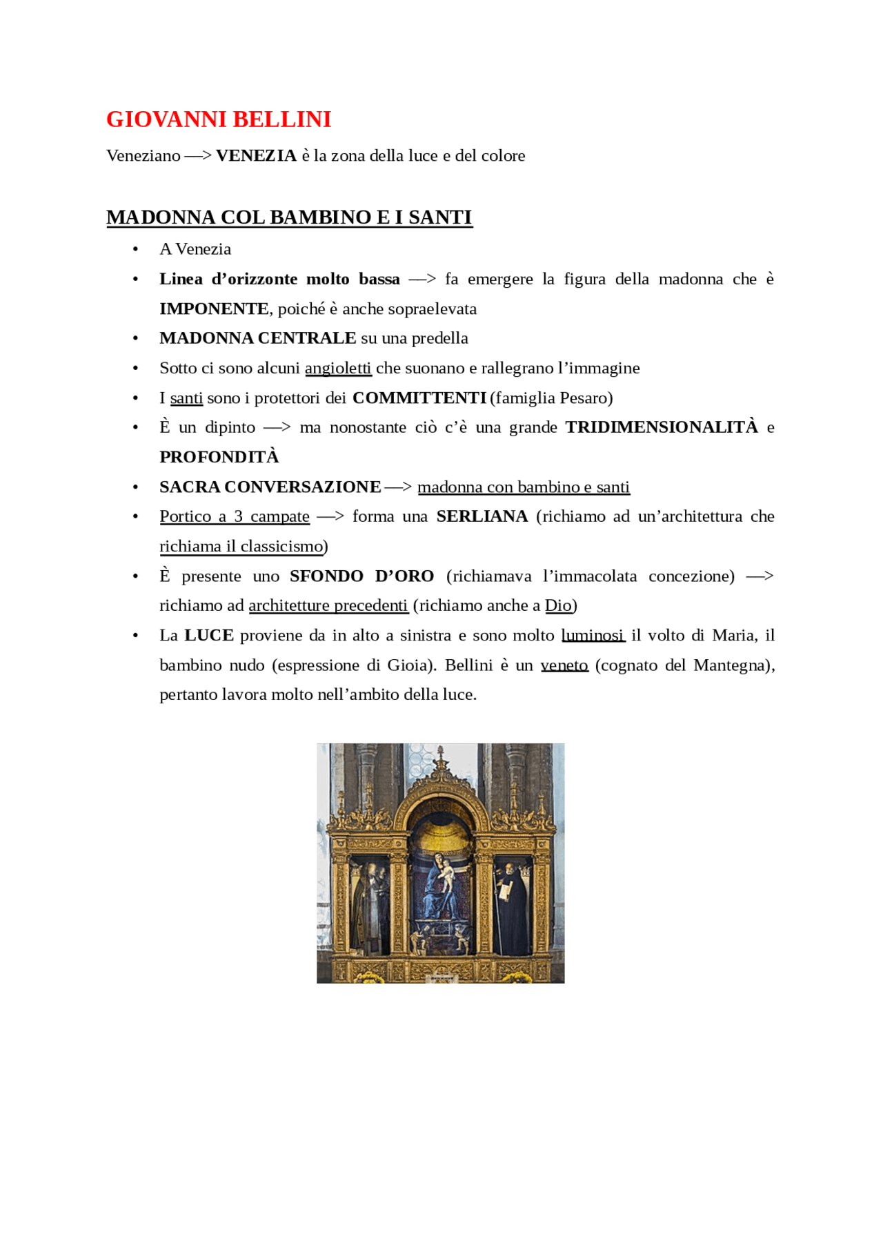 Giovanni Bellini - Vita e opere | Appunti di Educazione artistica | Docsity