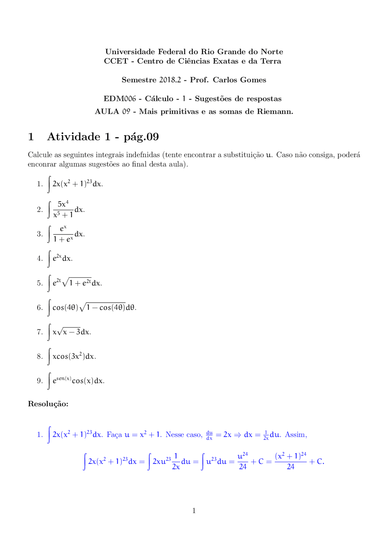 Sugestões de respostas - Cálculo 1 | Exercícios Cálculo | Docsity