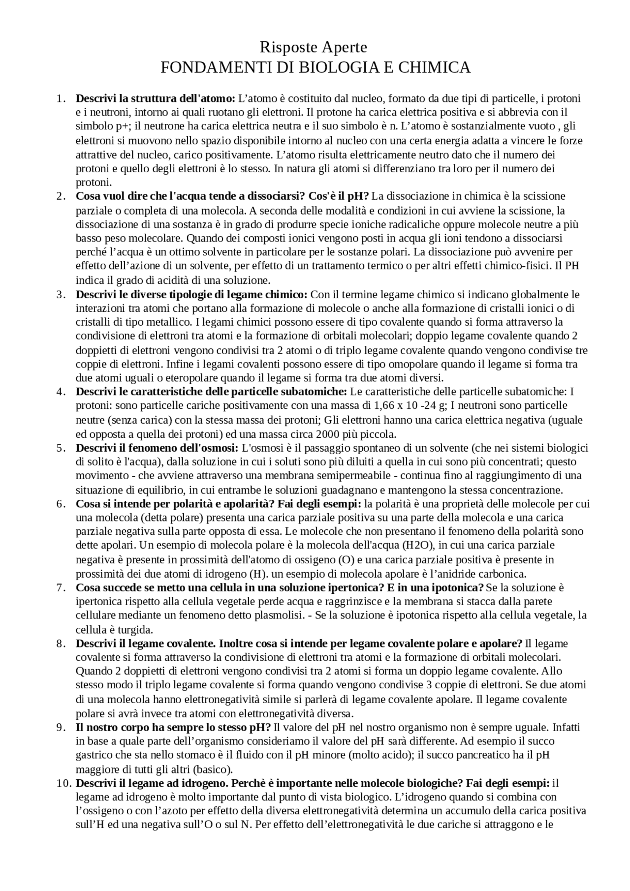 Paniere Fondamenti Di Biologia E Chimica Risposte Aperte Prof