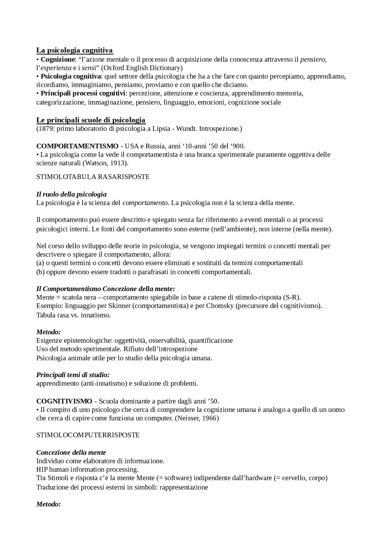 Appunti Psicologia Cognitiva Docsity