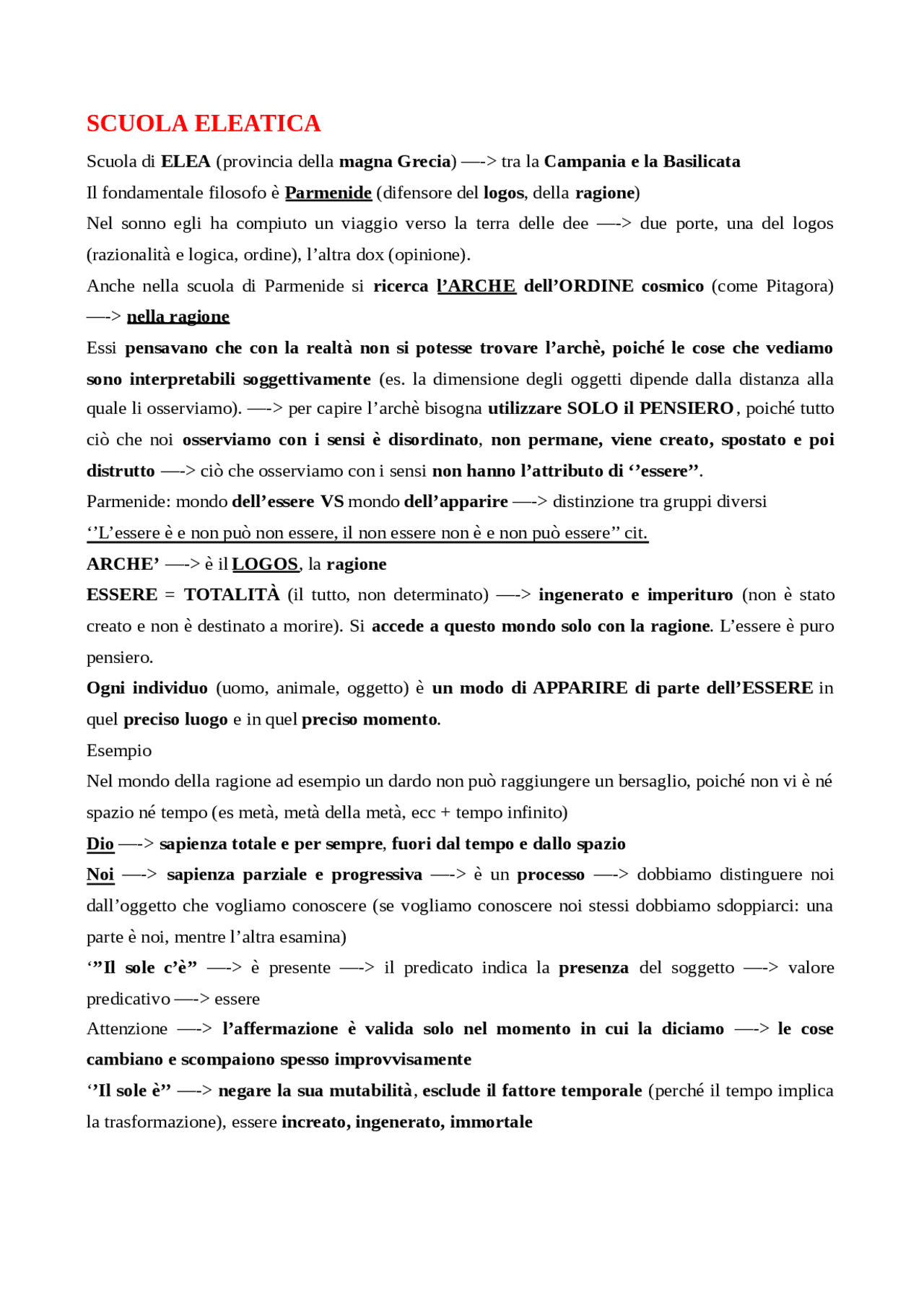 Scuola eleatica - Filosofia | Appunti di Filosofia | Docsity