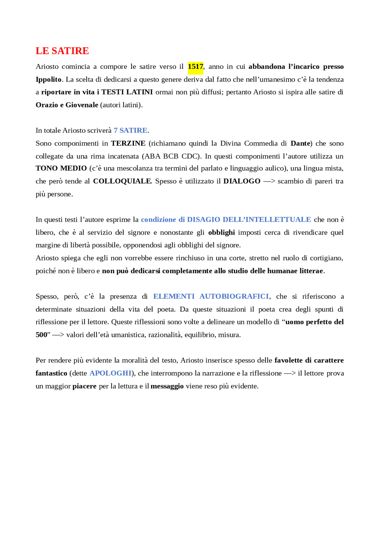 Ludovico Ariosto Le Satire Docsity