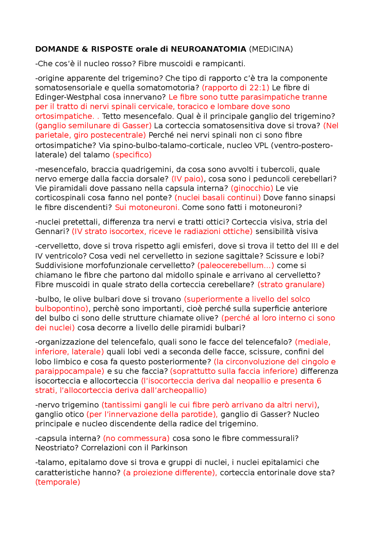 Domande Esame Orale Neuroanatomia Con Risposte Docsity