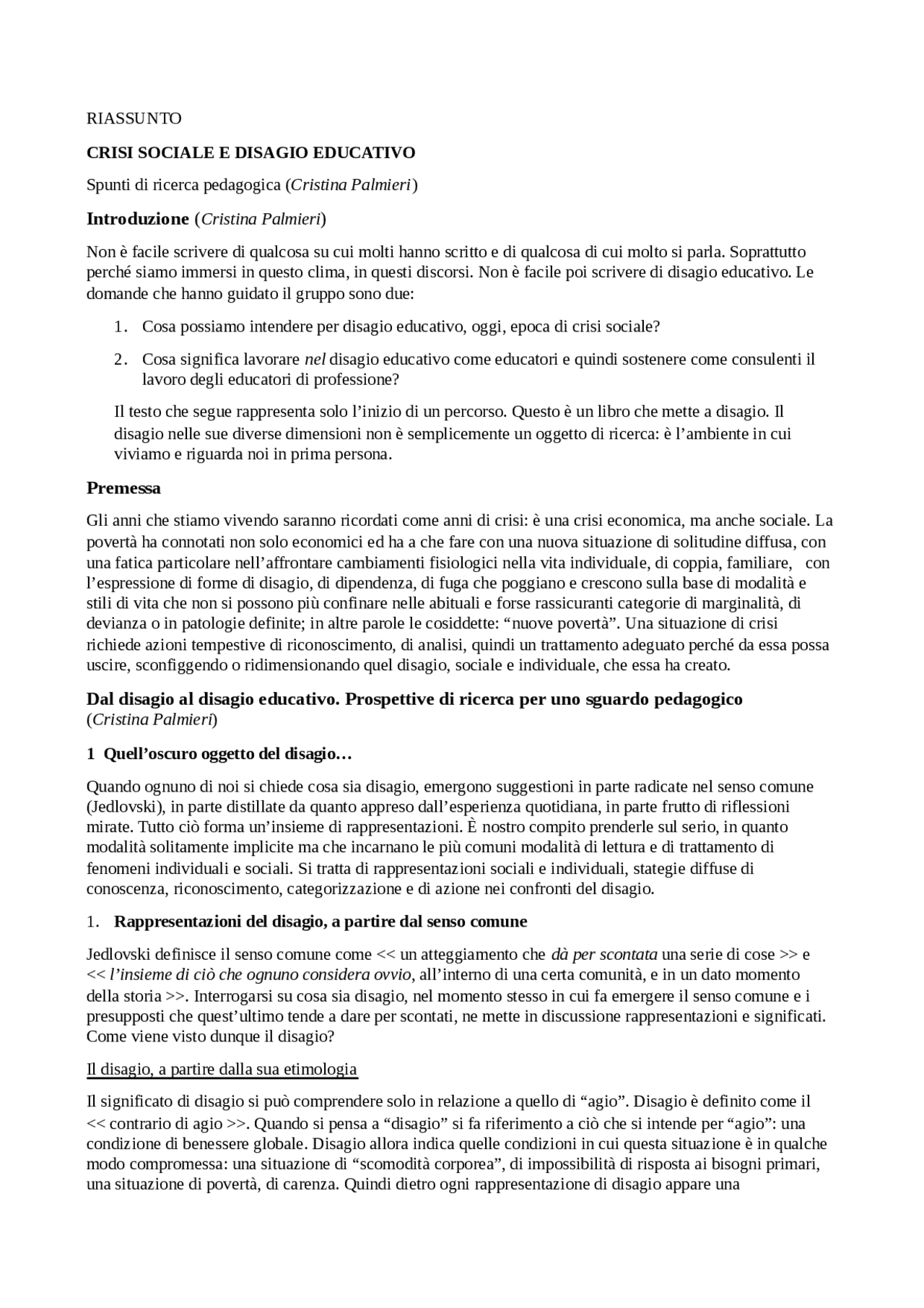 Crisi Sociale E Disagio Educativo Docsity