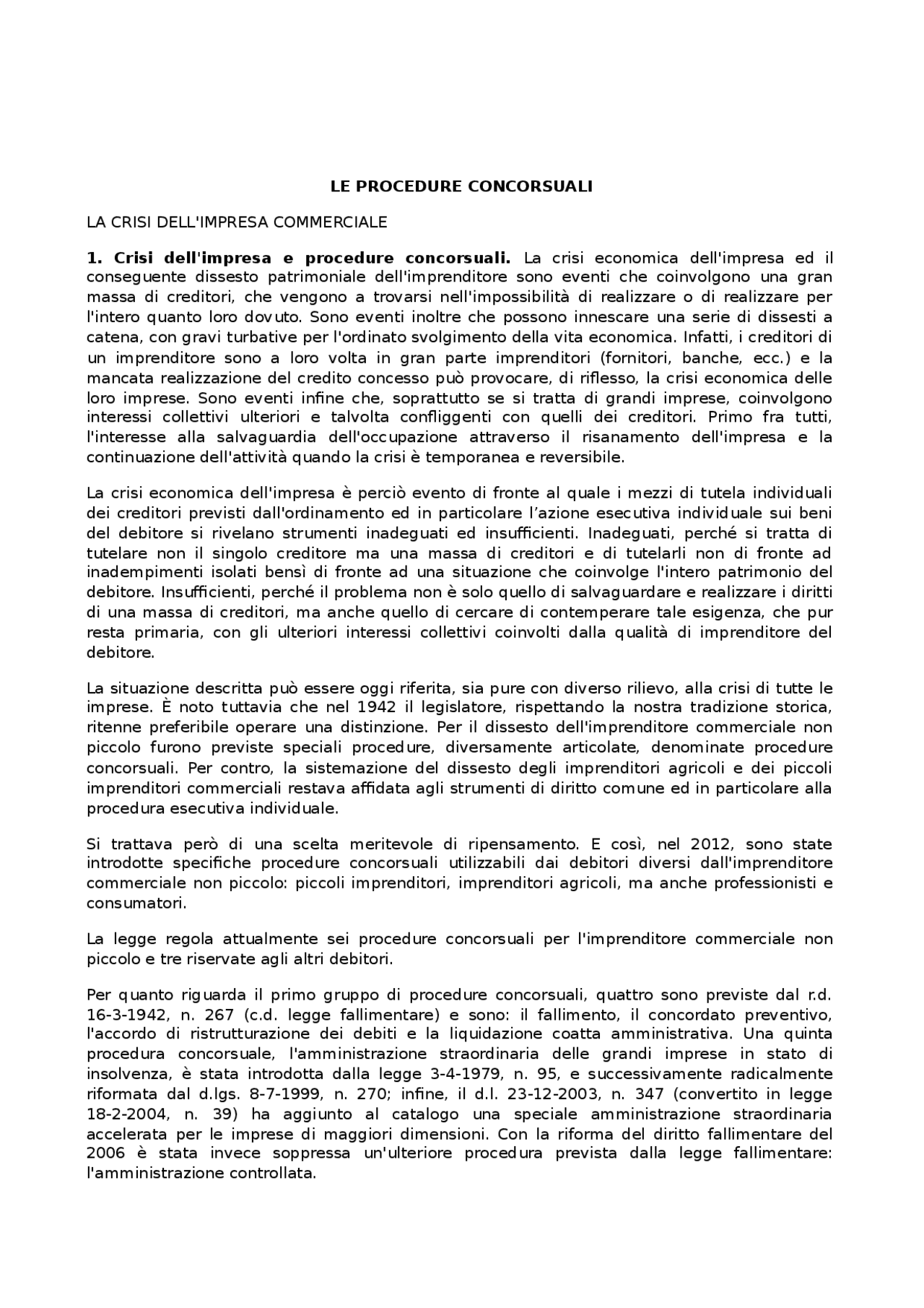 Le Procedure Concorsuali Diritto Commerciale Docsity