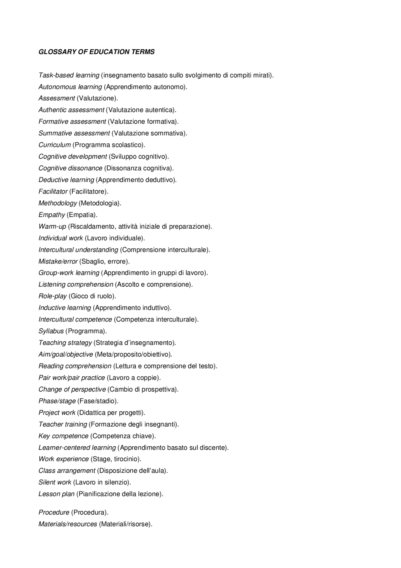 Dizionario Termini Inglese Docsity