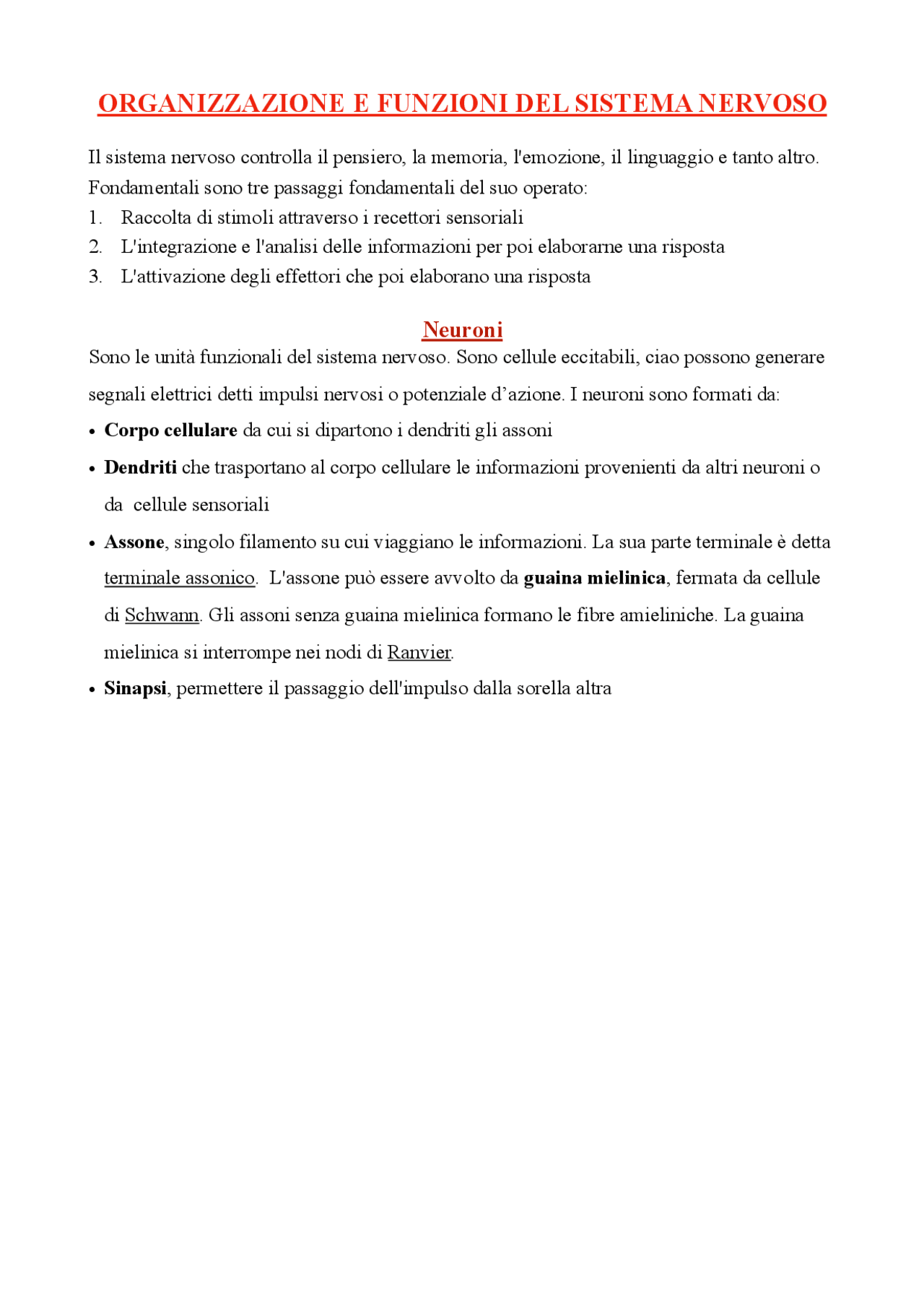 Sistema Nervoso Centrale Appunti E Riassunti Docsity