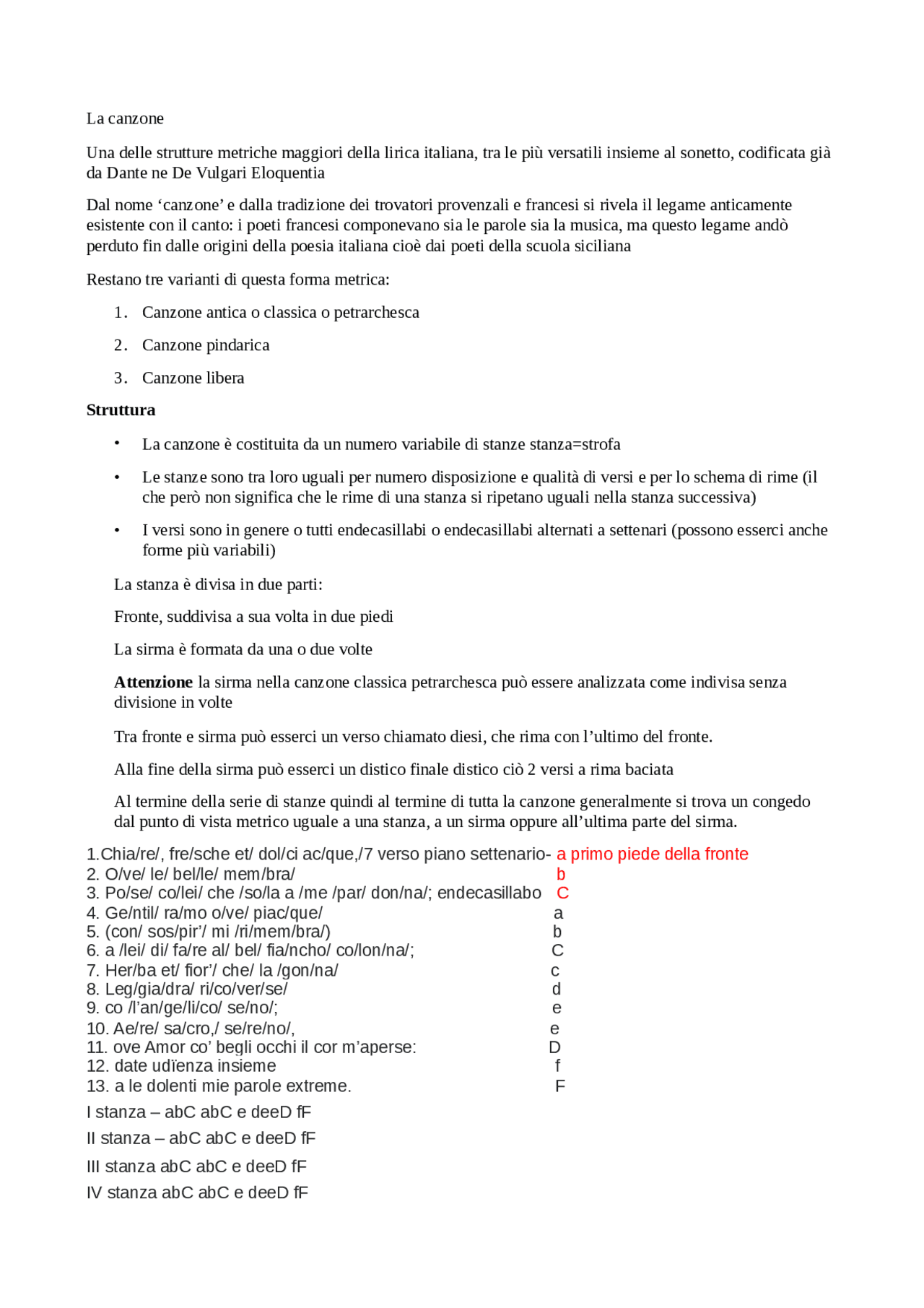La canzone, spiegazione letteratura italiana. - Docsity