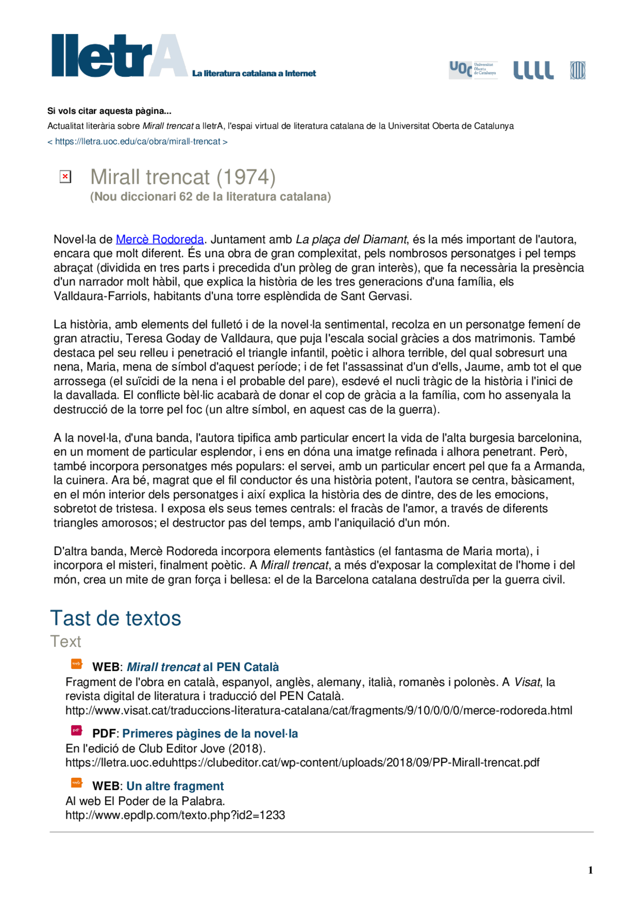 Mirall Trencat Resum En Punts Importants Docsity