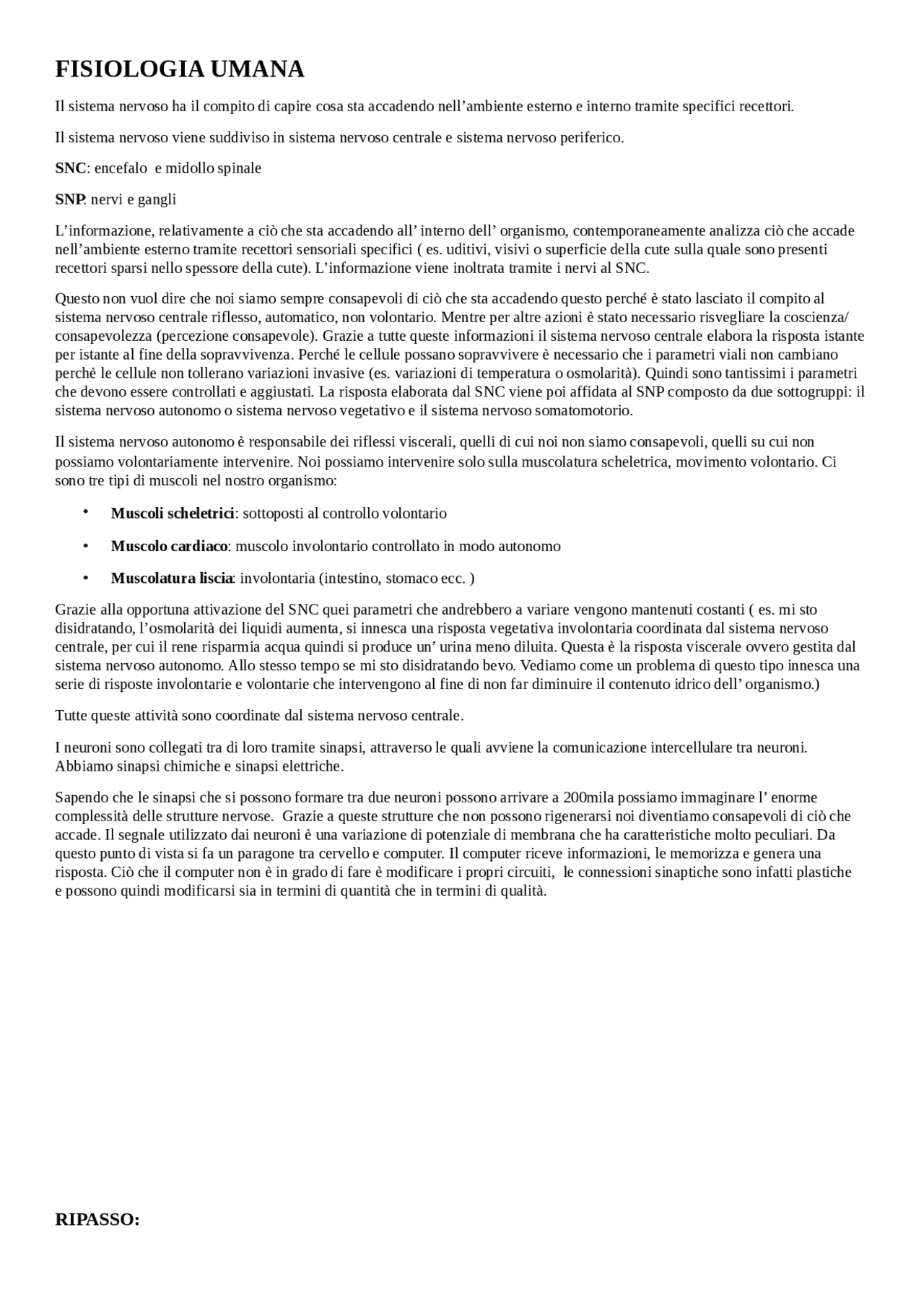 Sistema Nervoso Parte 1 Appunti Di Fisiologia Umana Docsity