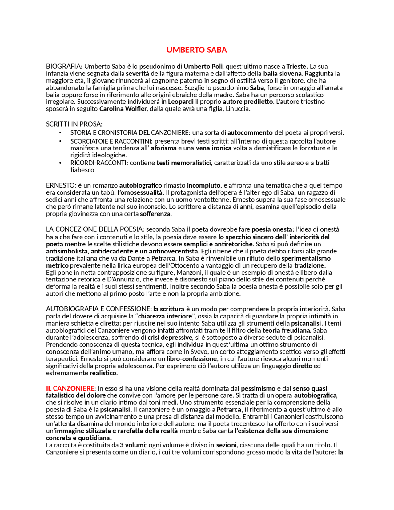 Umberto Saba Vita E Opere Docsity