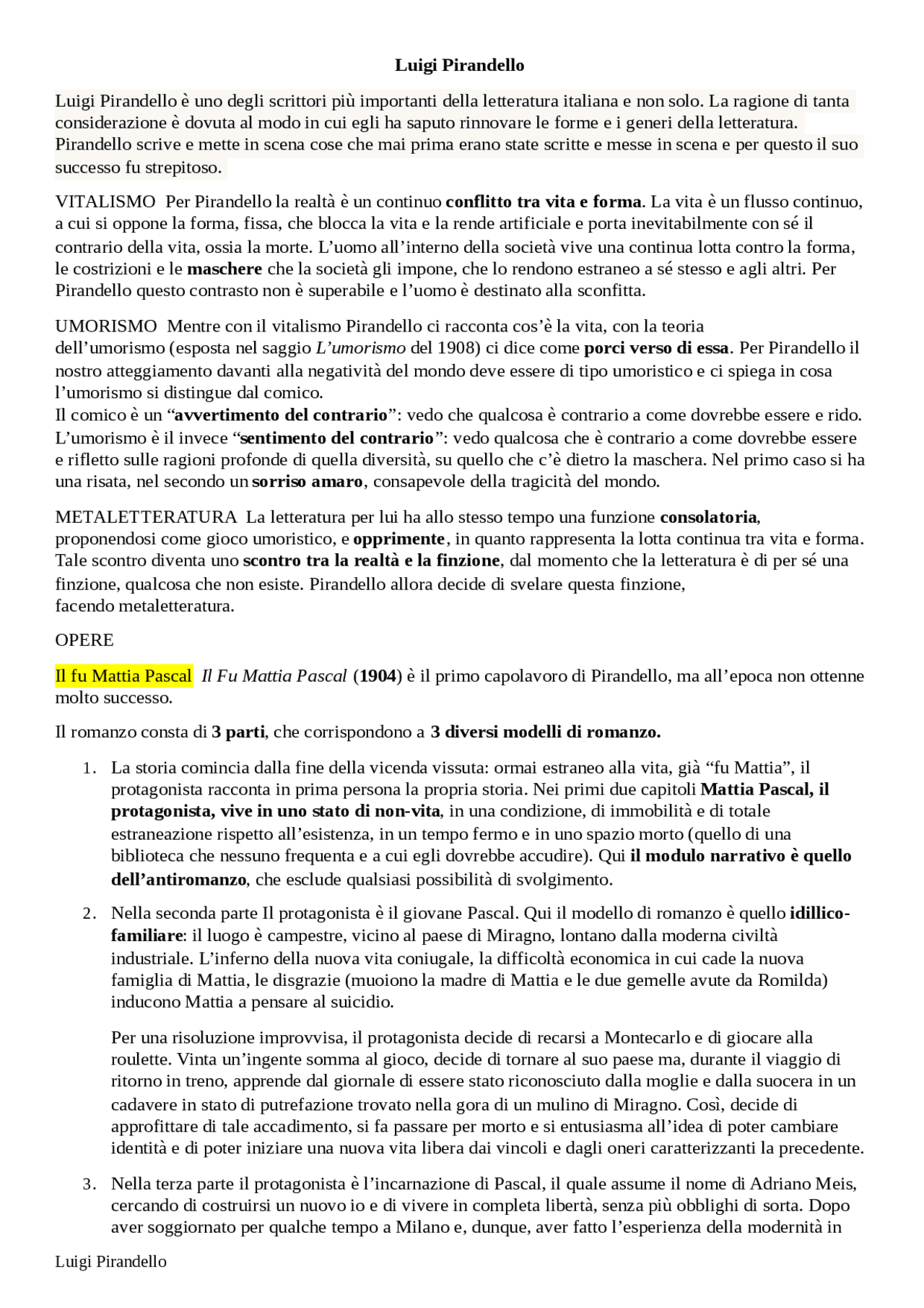 Luigi Pirandello Riassunto Docsity