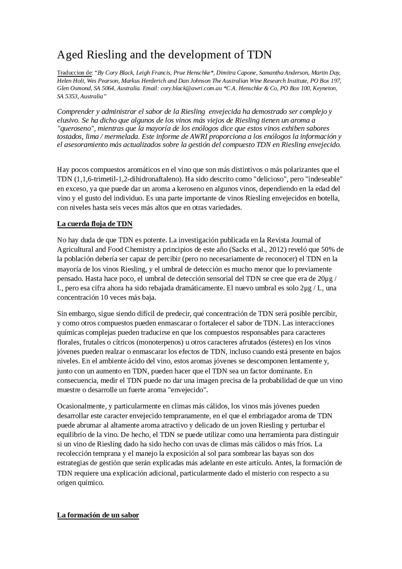 TRADUCCION: Aged Riesling and the development of TDN - Docsity