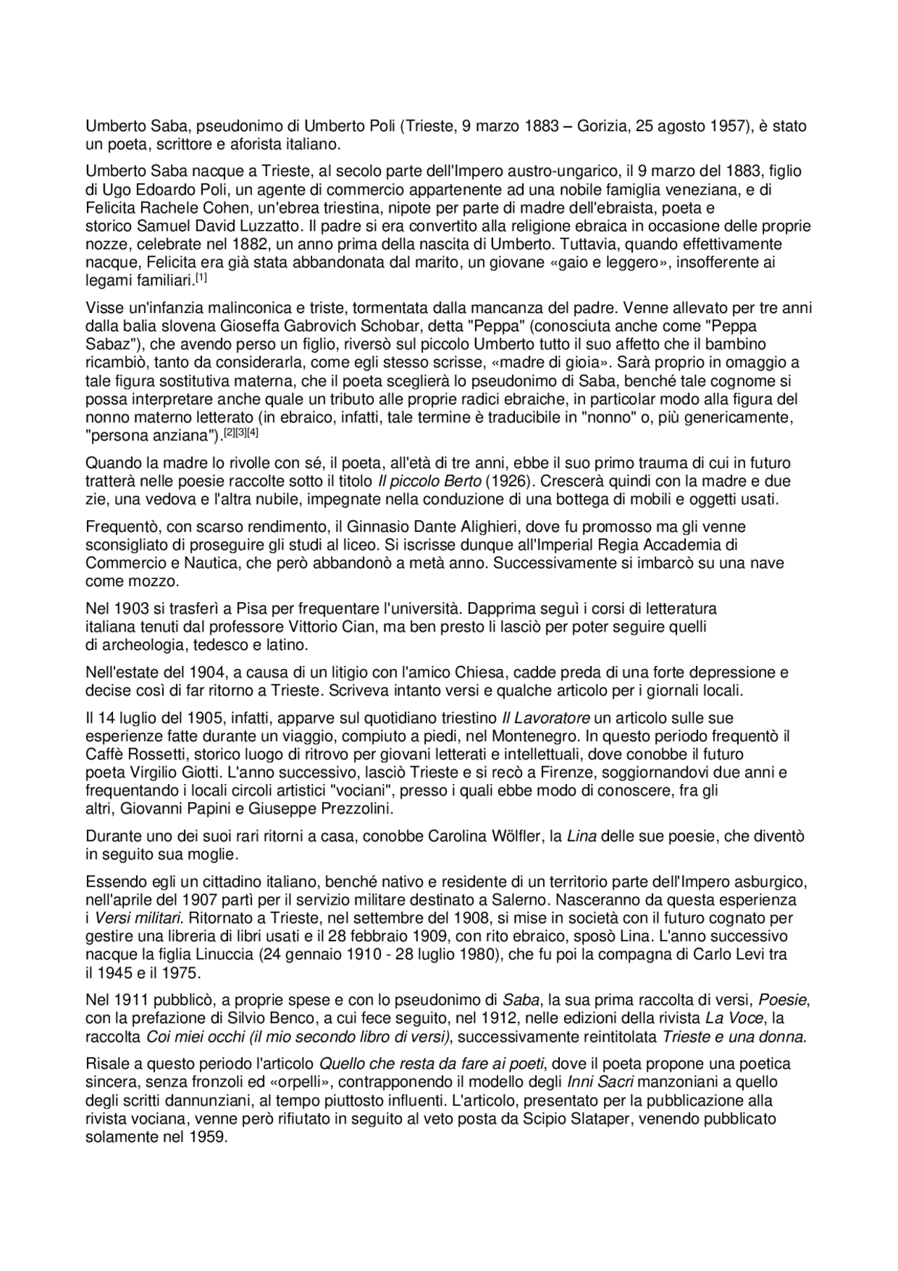 Umberto Saba Vita E Opere Docsity