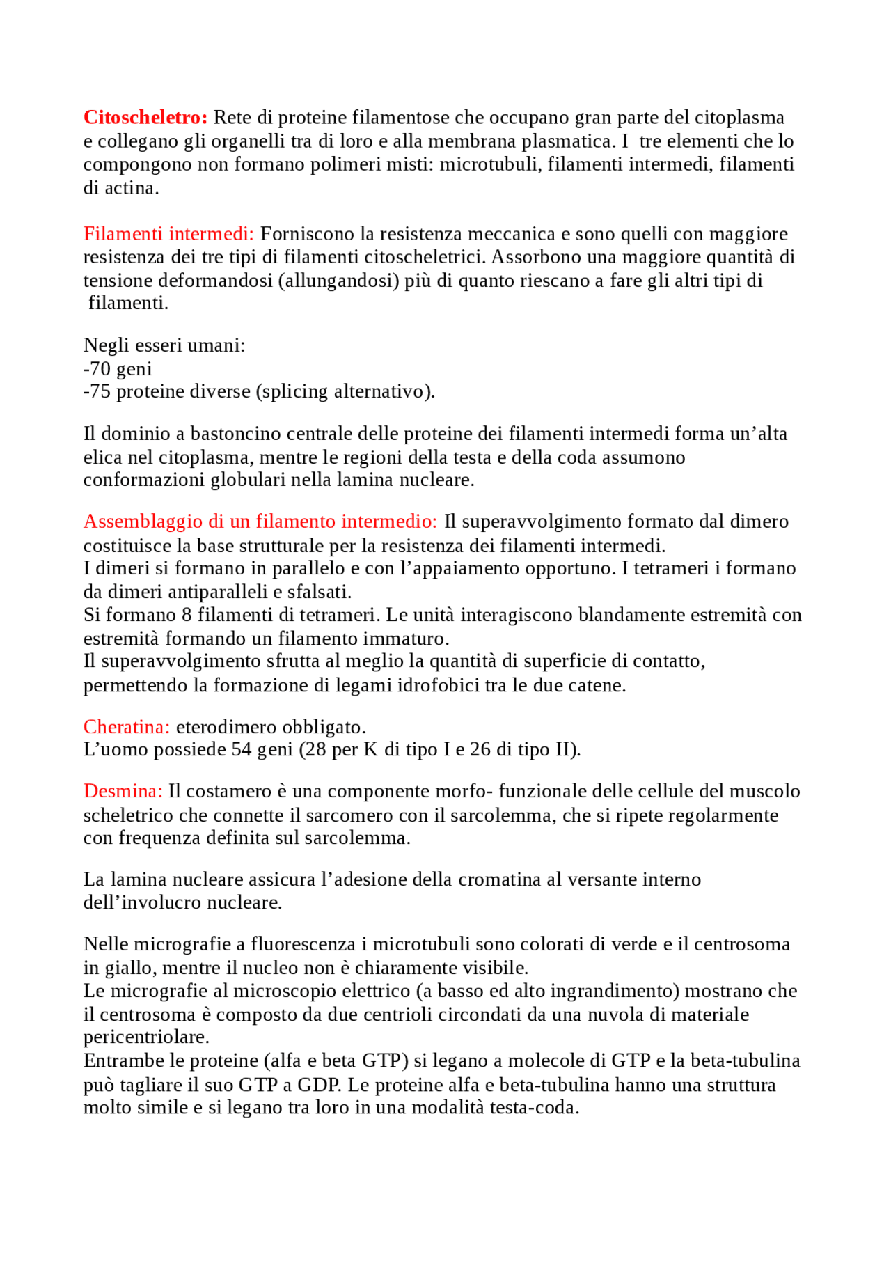 Riassunto Del Citoscheletro Di Citologia Docsity