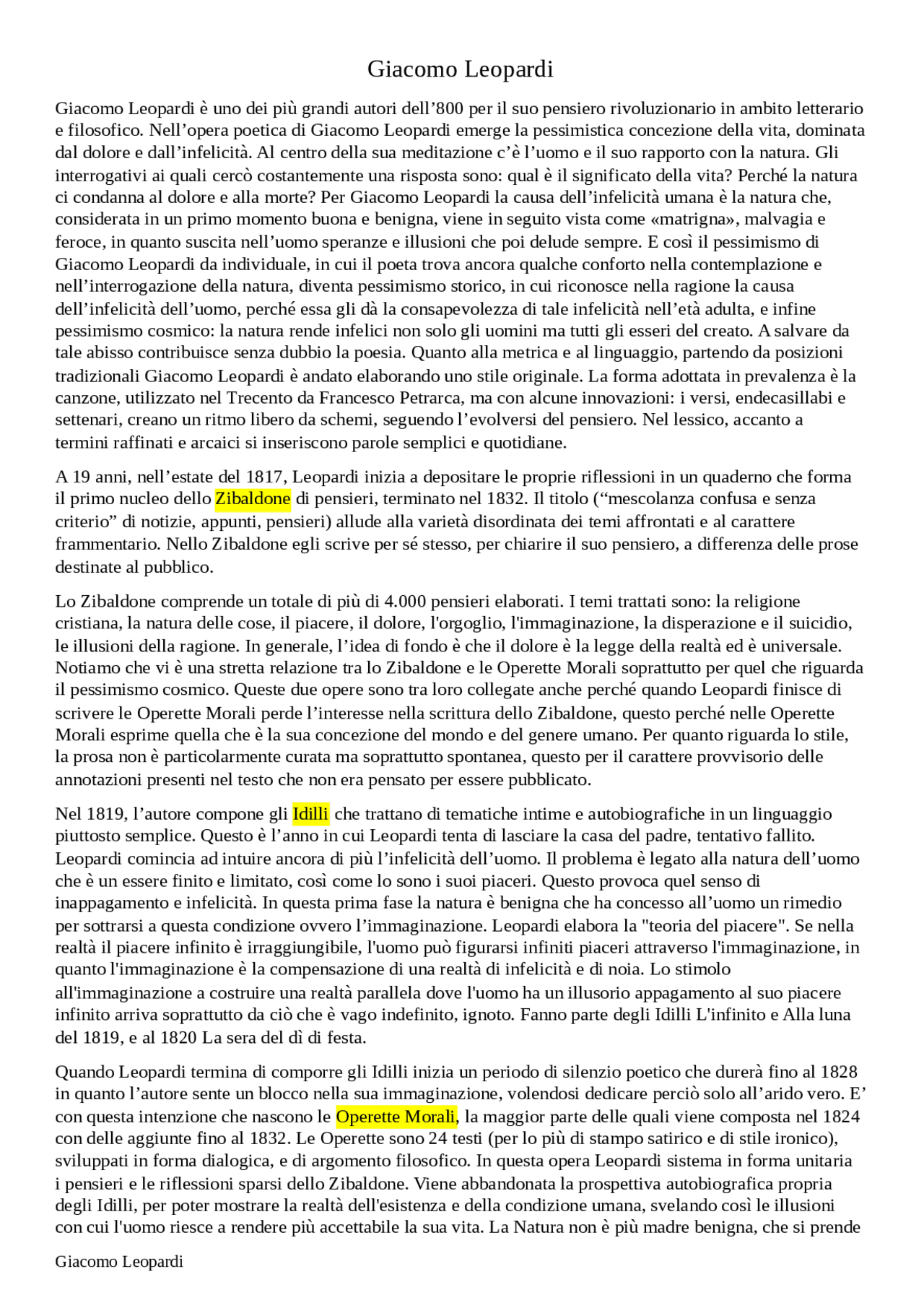 Giacomo Leopardi Riassunto Docsity