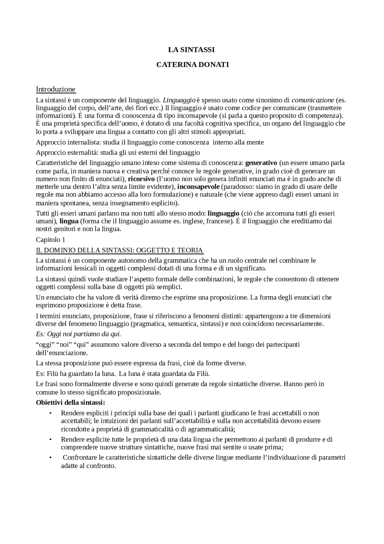 La Sintassi C Donati Riassunto Docsity
