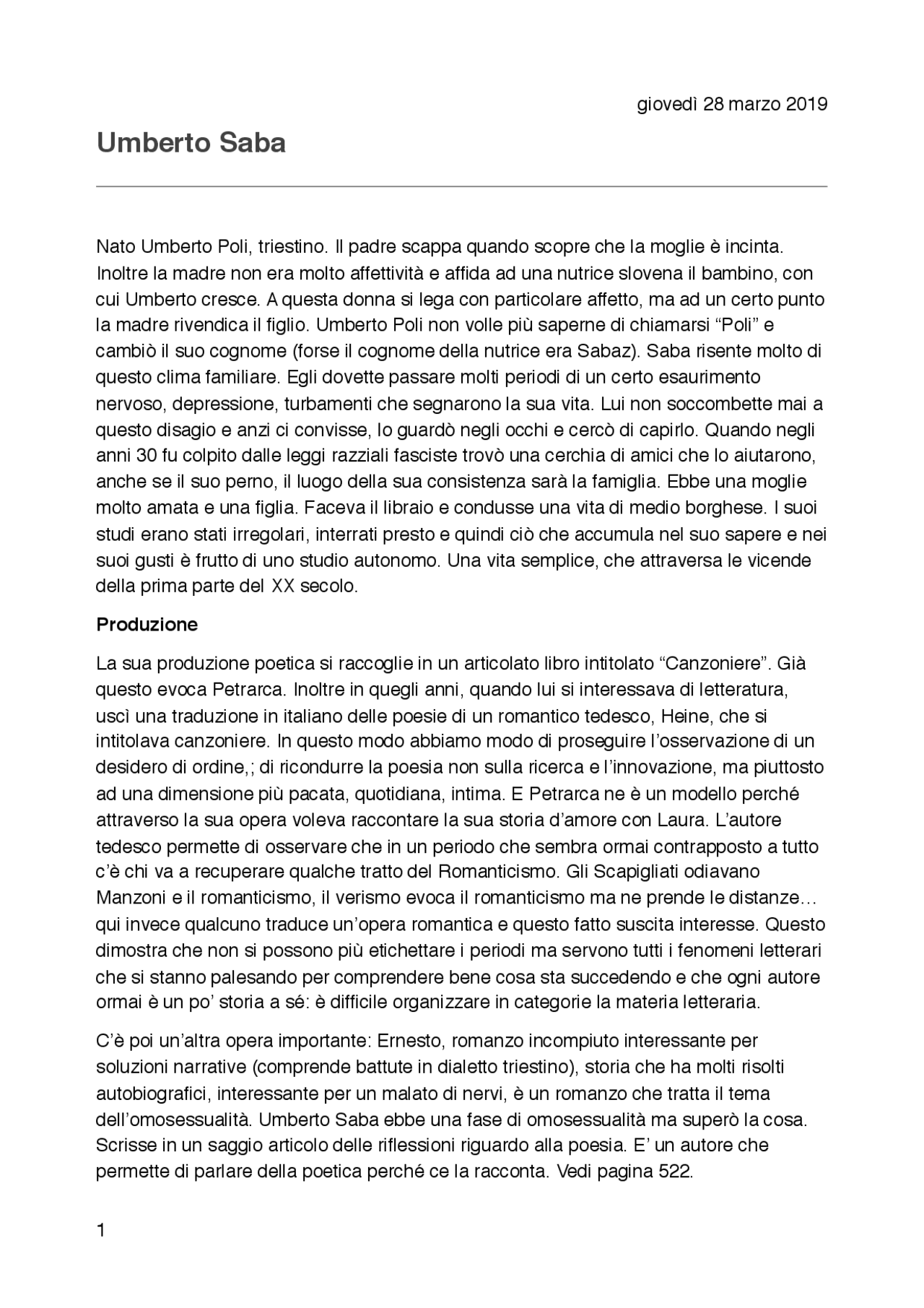 Umberto Saba Poesie Appunti Di Italiano Docsity