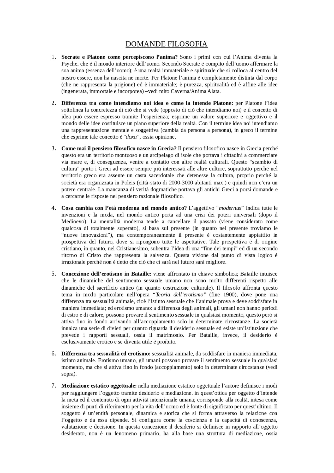 Domande Di Storia Del Pensiero Filosofico Docsity