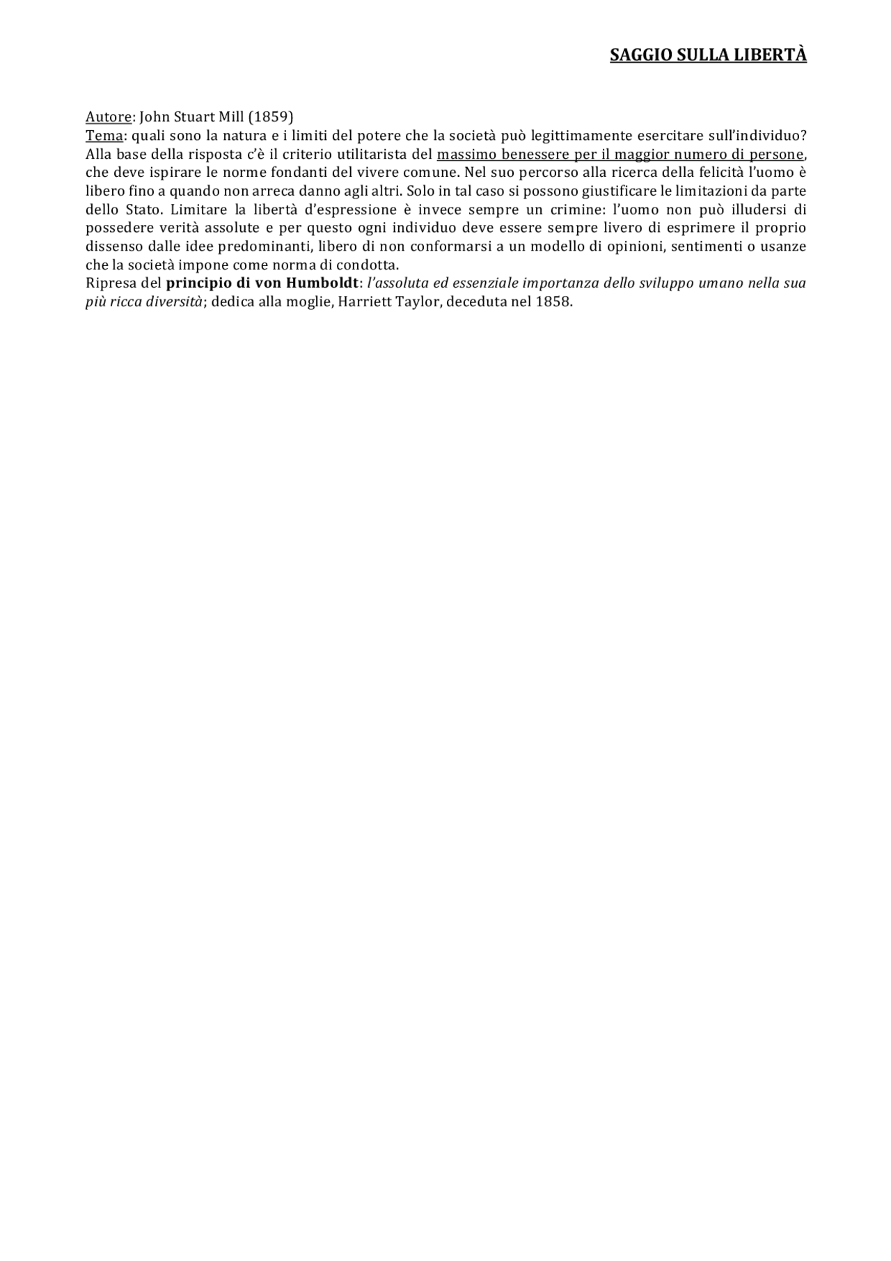 Saggio Sulla Libertà John Stuart Mill Riassunto Docsity
