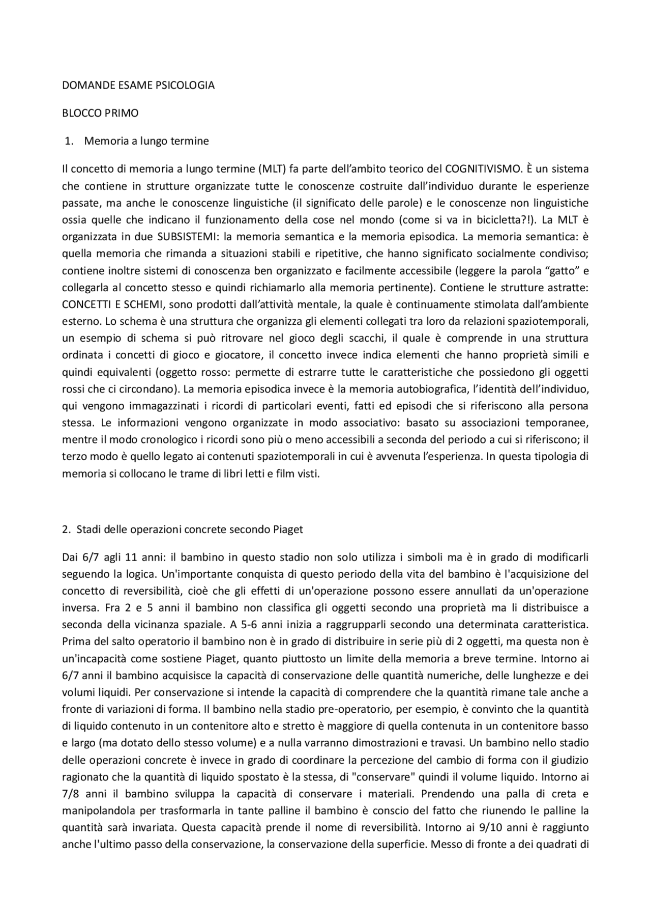 Domande Psicologia Generale Docsity