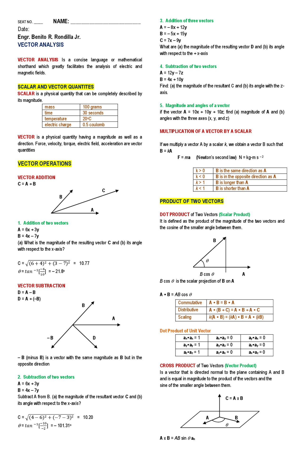 Vector Analysis Docsity