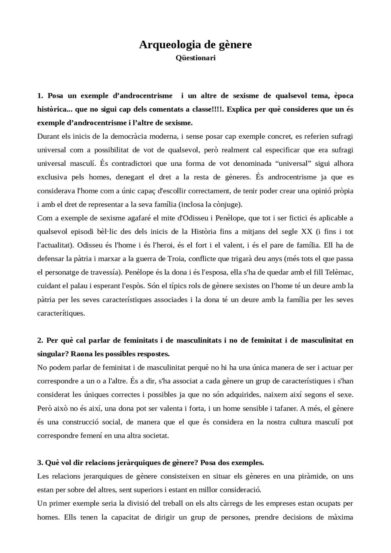 Qüestionari Arqueologia De Gènere Respostes Docsity