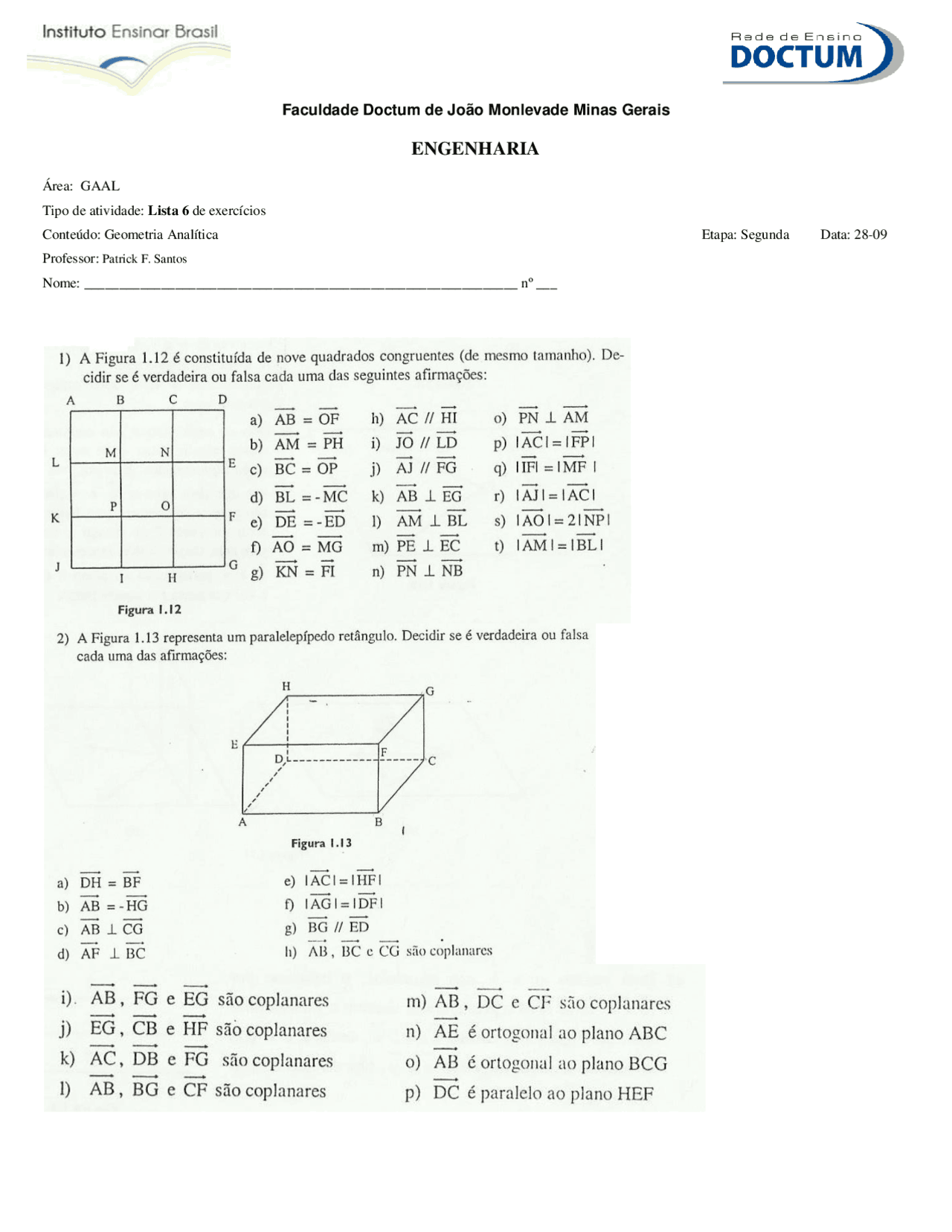 LISTA COMPLEMENTAR Para aplicar conhecimentos - Docsity