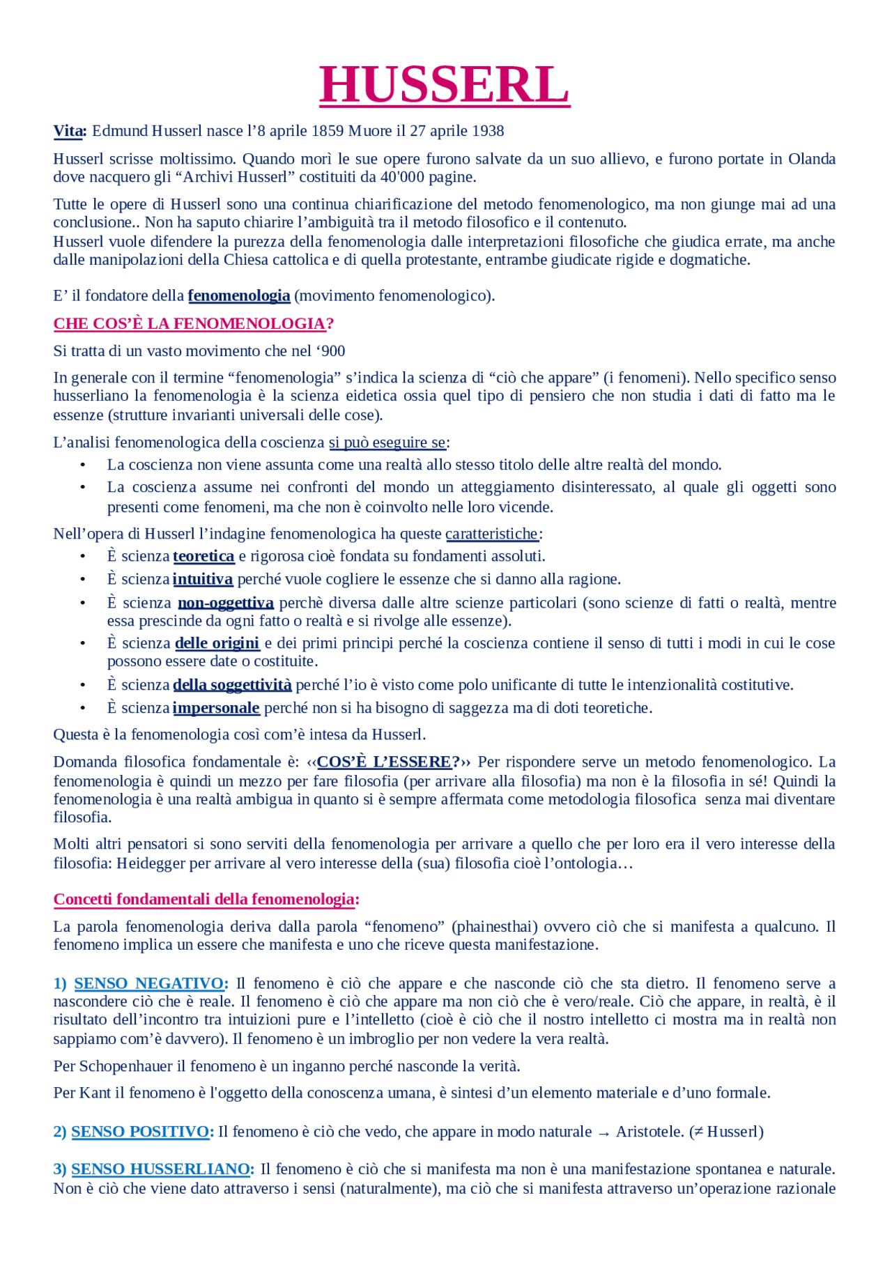 Husserl Schema Del Filosofo Docsity