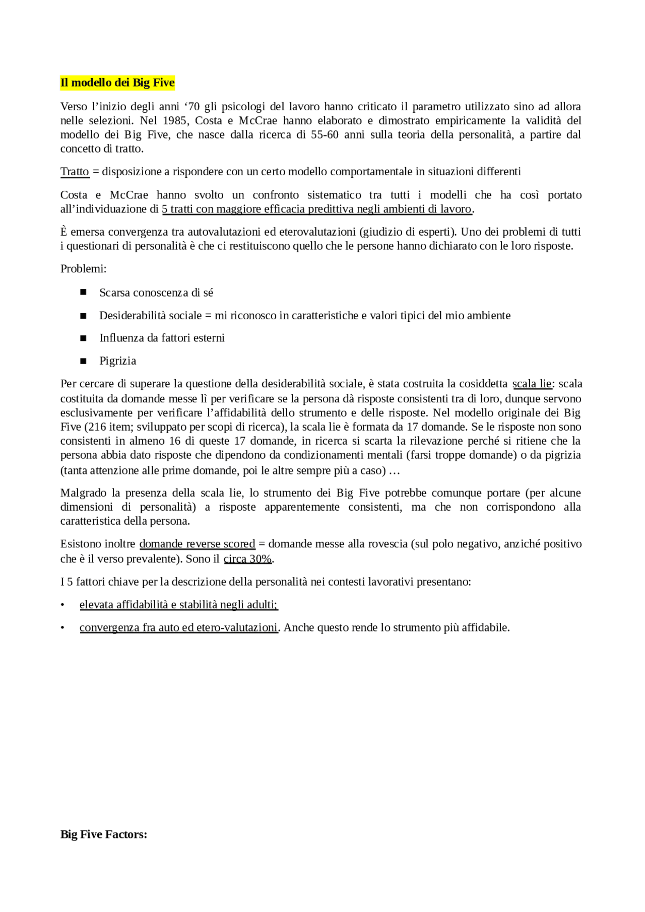Il Modello Dei Big Five Docsity