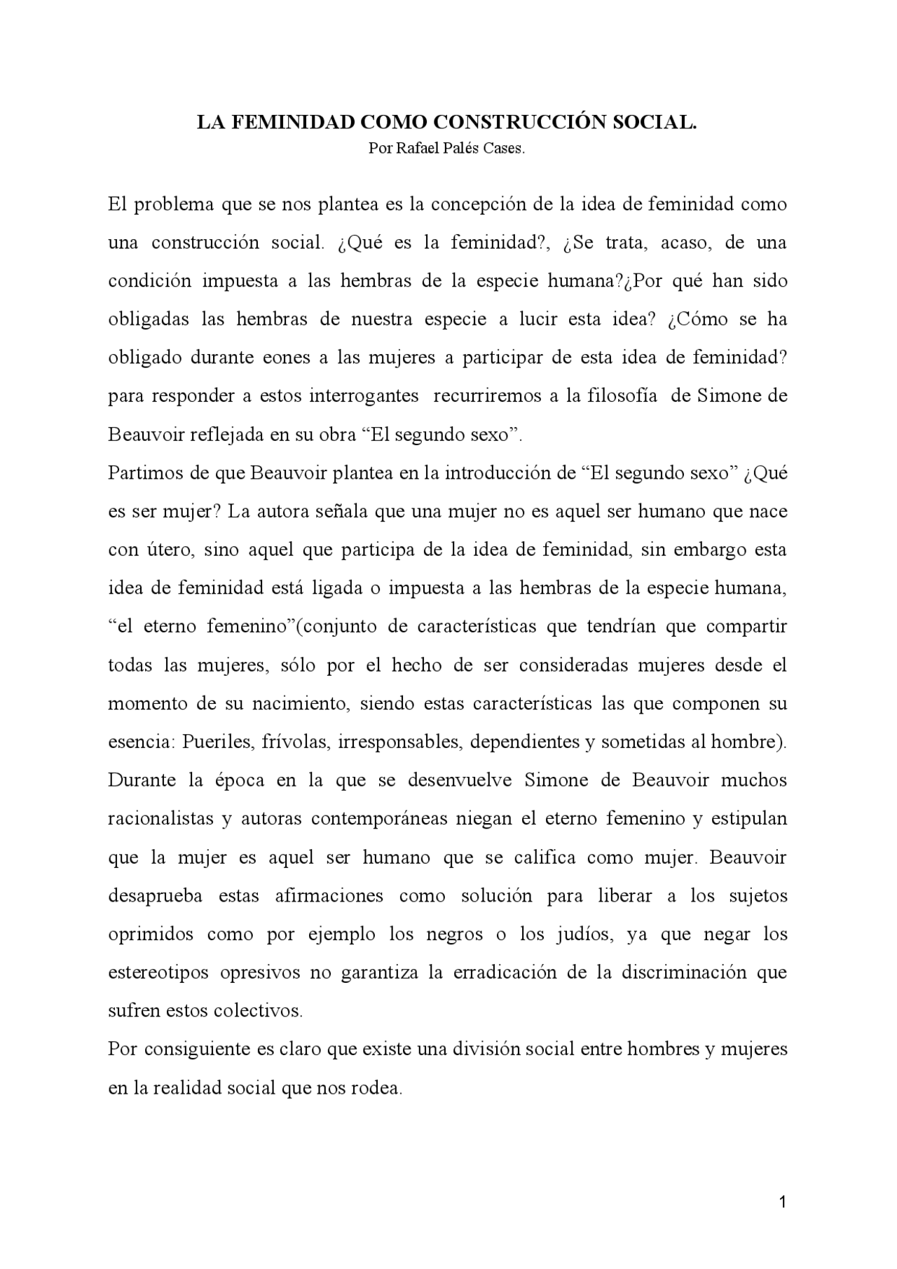 La Feminidad Como Construcción Social Simone De Beauvoir Docsity