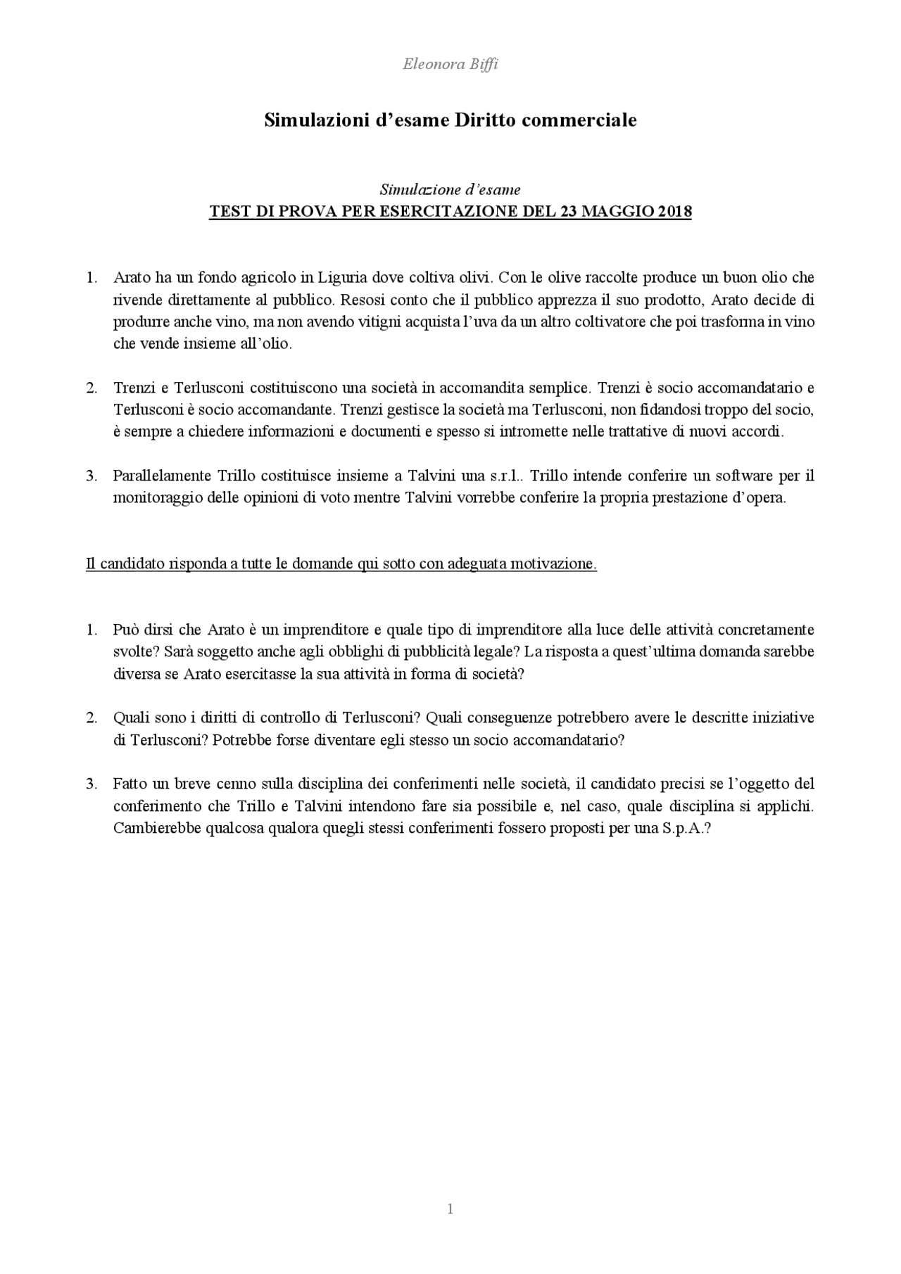 Simulazioni d'esame di Diritto Commerciale (D. Regoli) – Università Cattolica del Sacro Cuore ...