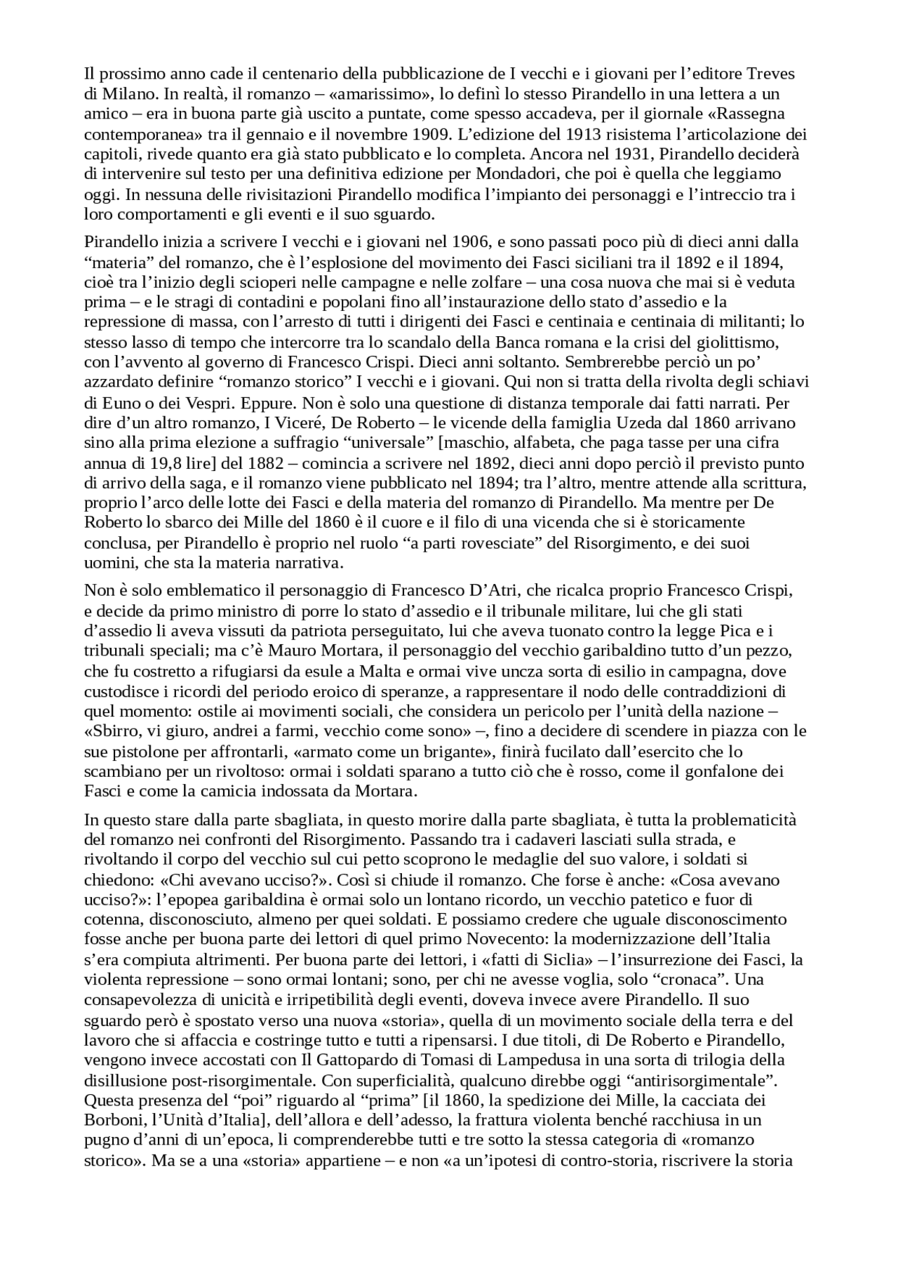 I Vecchi E I Giovani Luigi Pirandello Docsity