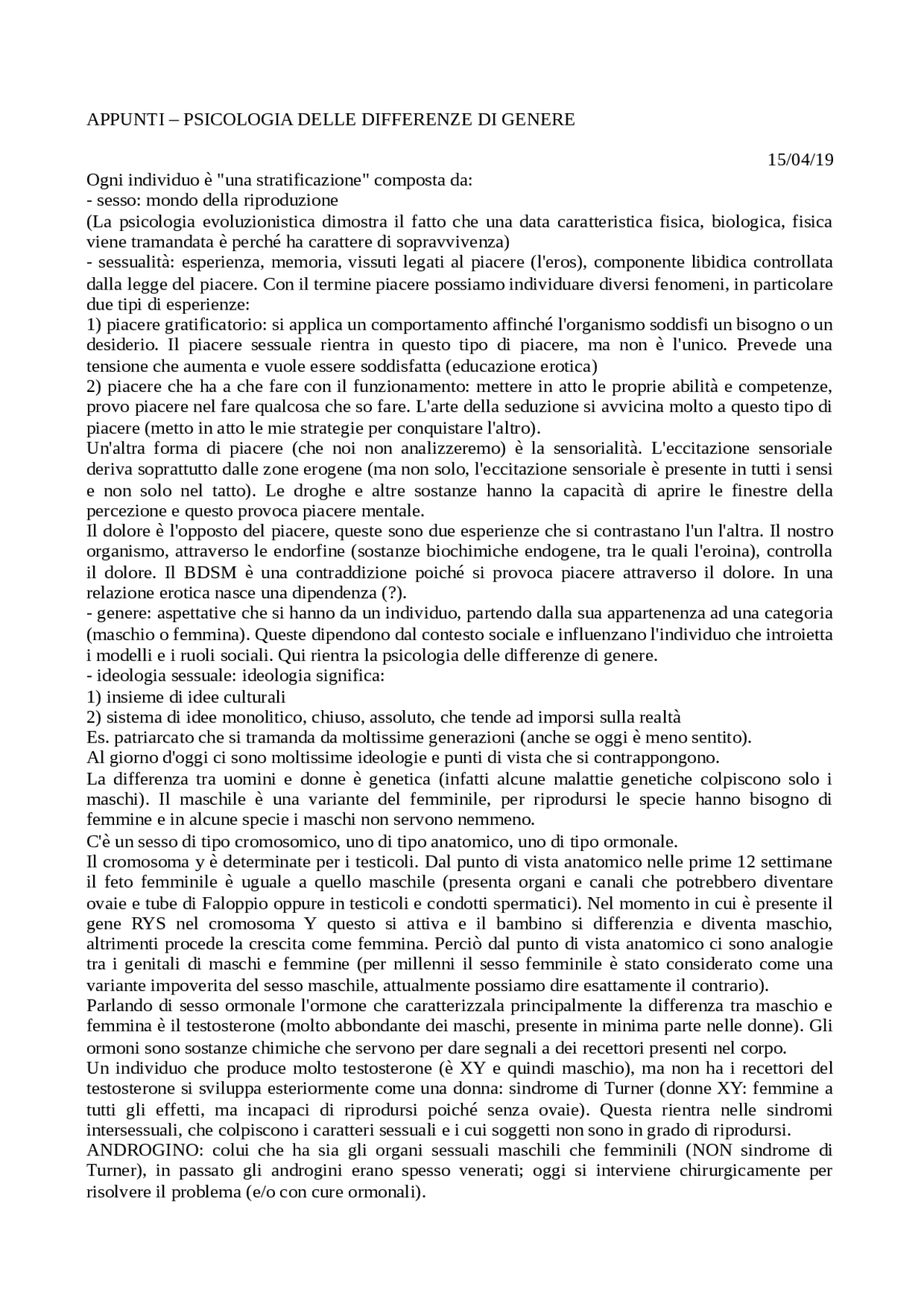 Appunti Di Psicologia Delle Differenze Di Genere Docsity