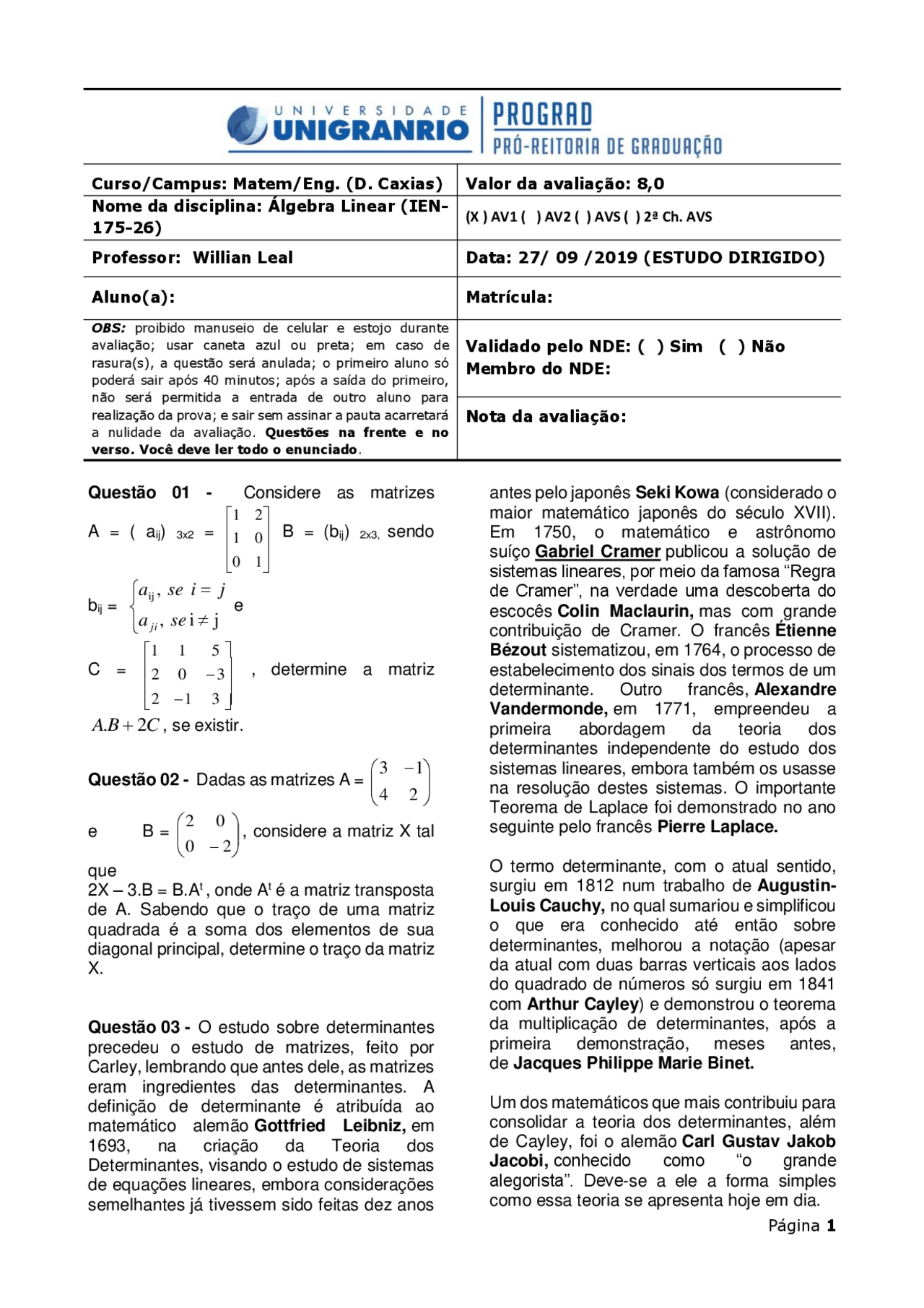 Exercícios De álgebra Docsity