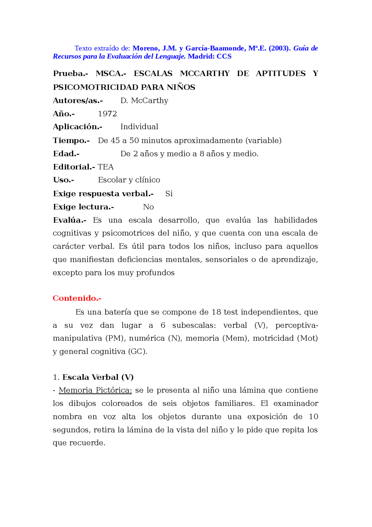 ESCALAS McCARTHY APTITUDES Y PSICOMOTRICIDAD - Docsity