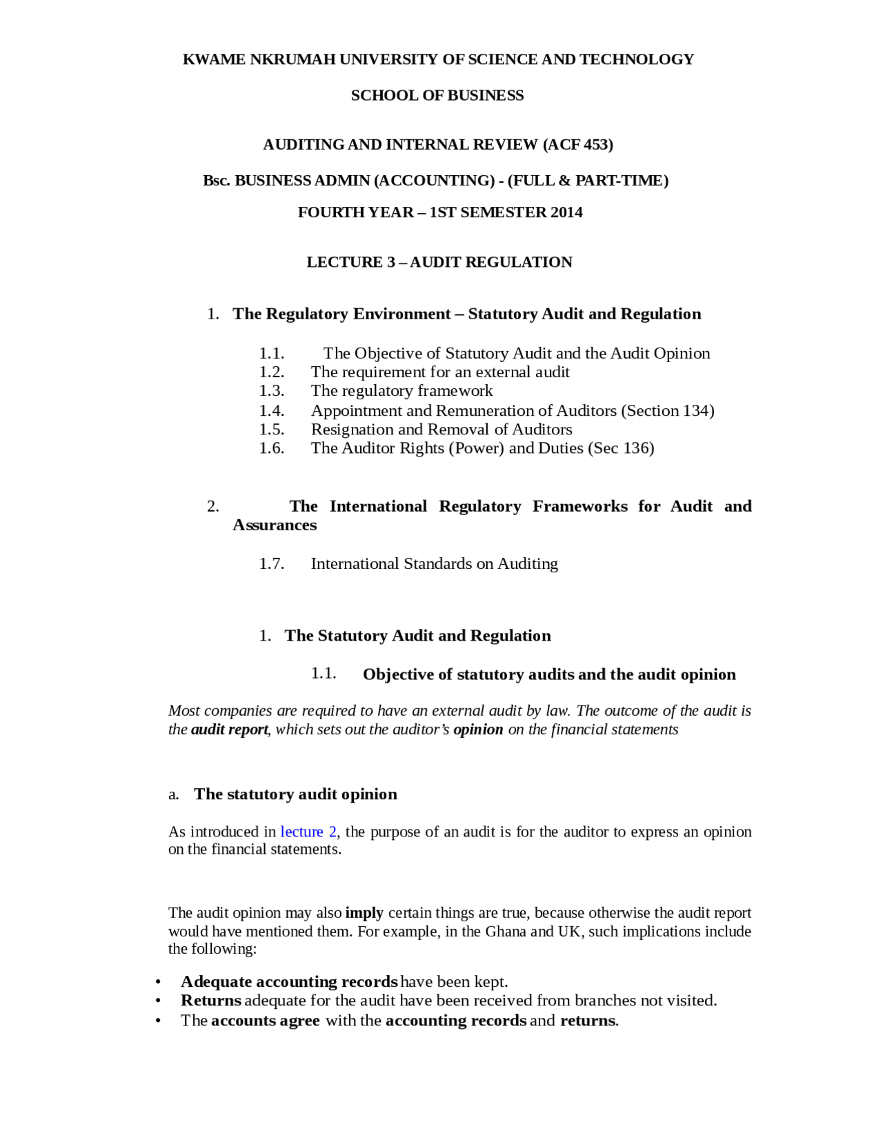 Audit Regulation And Policies Lecture Notes Auditing Docsity