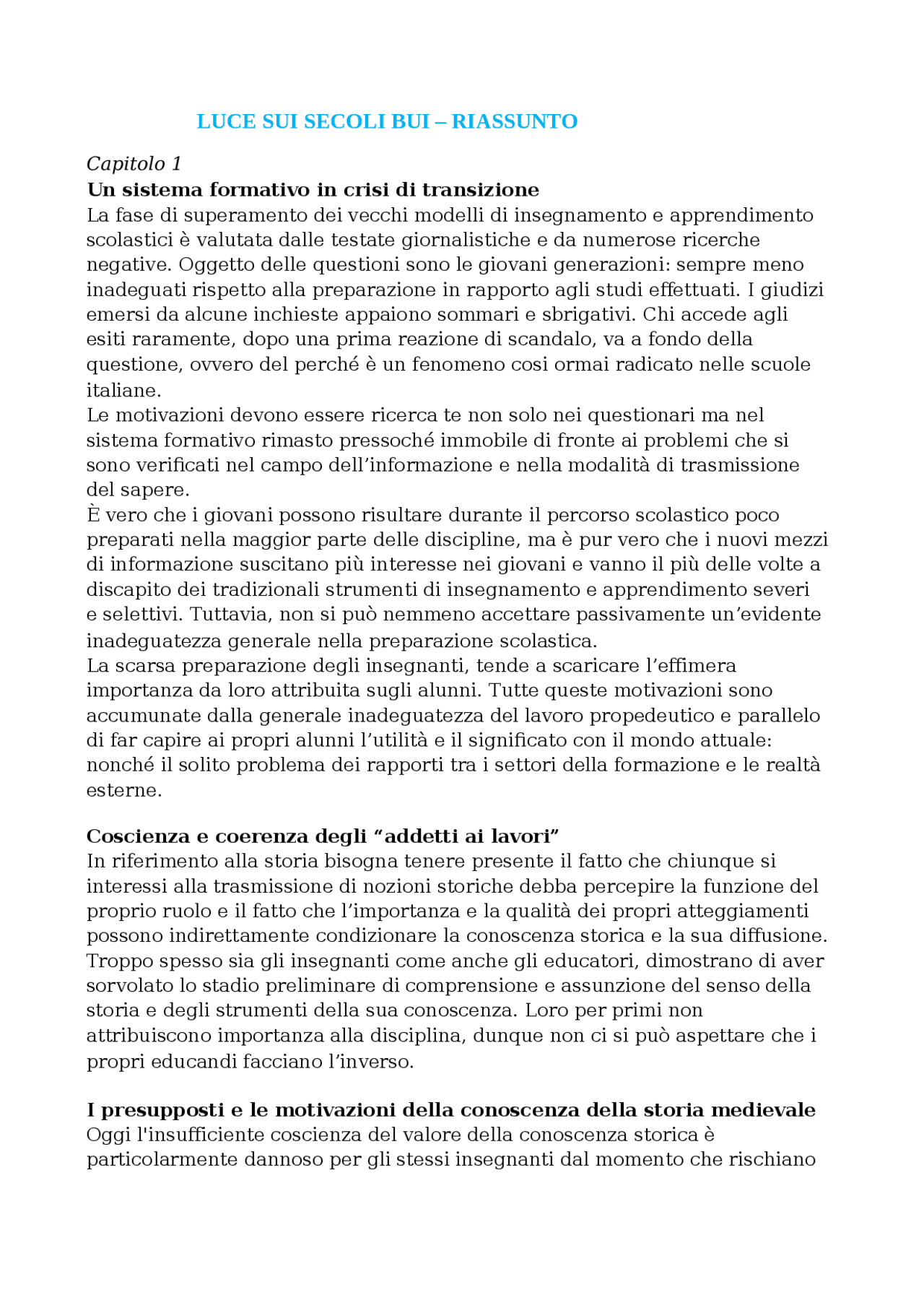 Riassunto Del Libro Luce Sui Secoli Bui Docsity