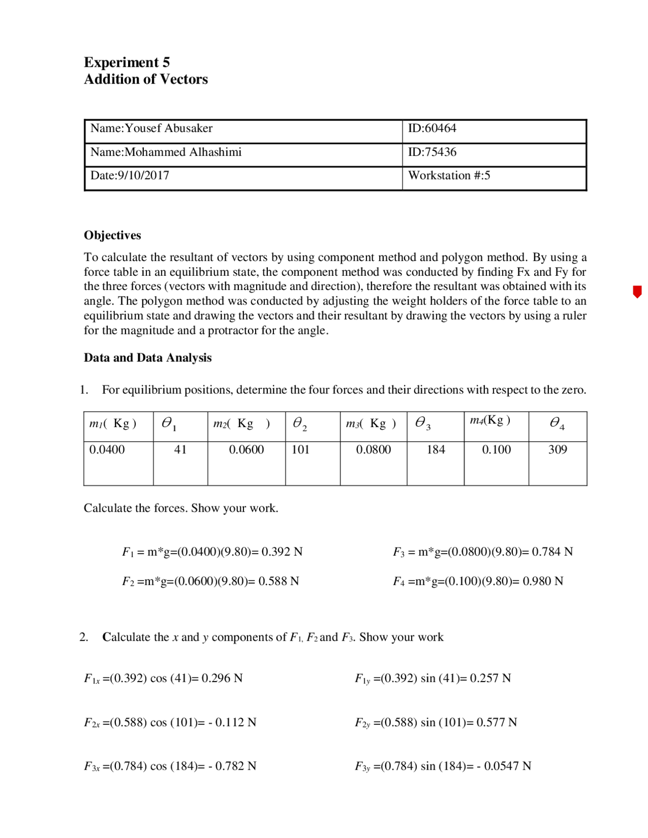 Experiment 5 Addition Of Vectors Docsity