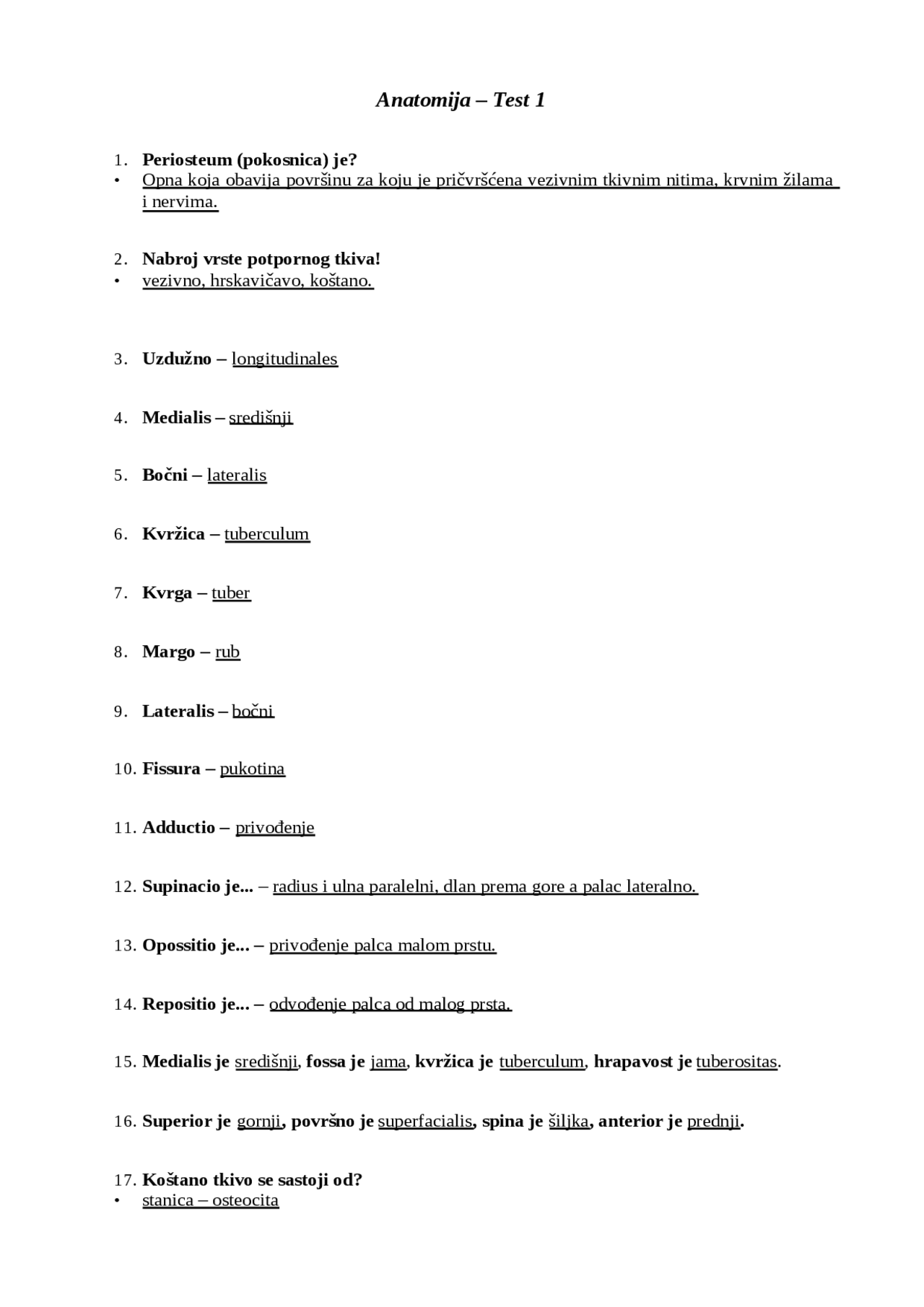 Anatomija Pitanja Za Test 1 Ispiti Predlog Anatomija čoveka Docsity