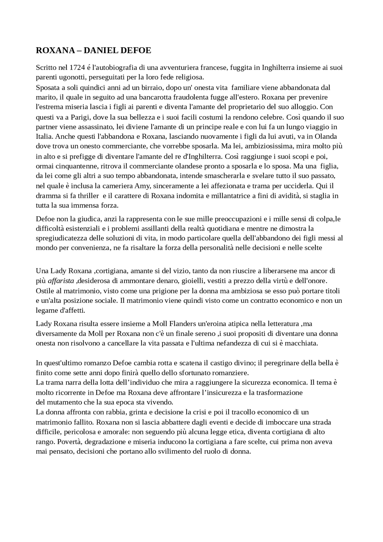 Roxana- Daniel Defoe - Docsity