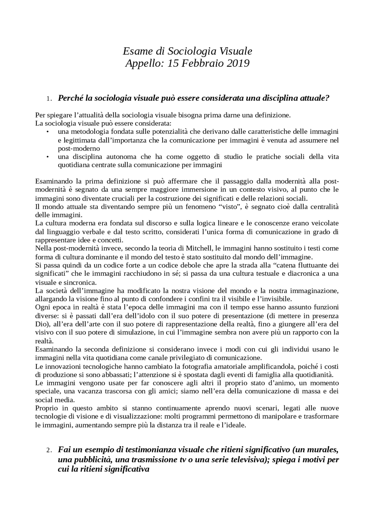 Esame Sociologia Visuale Examens De Sociologie Visuelle Docsity