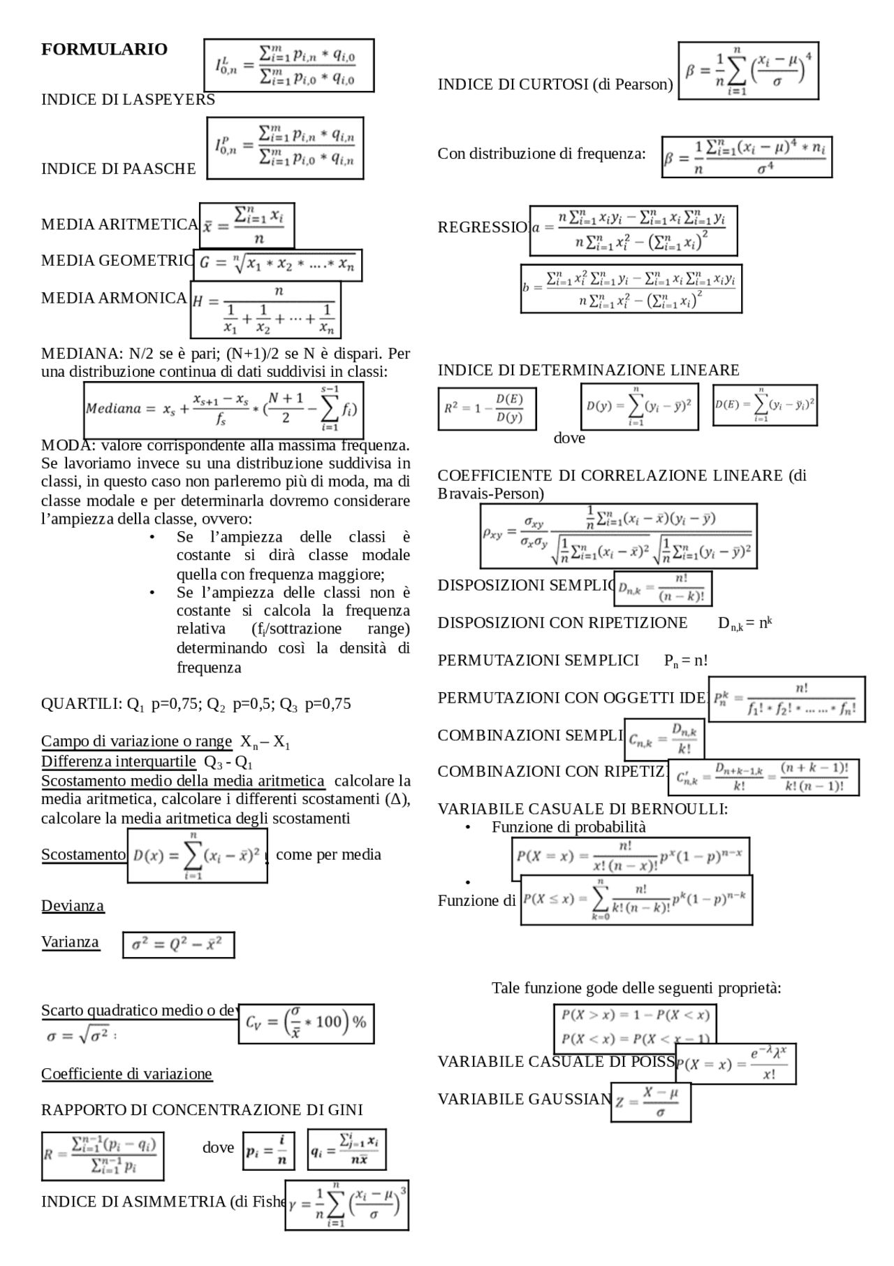 Formulario Riepilogativo Per Esame Di Statistica Unicusano Docsity