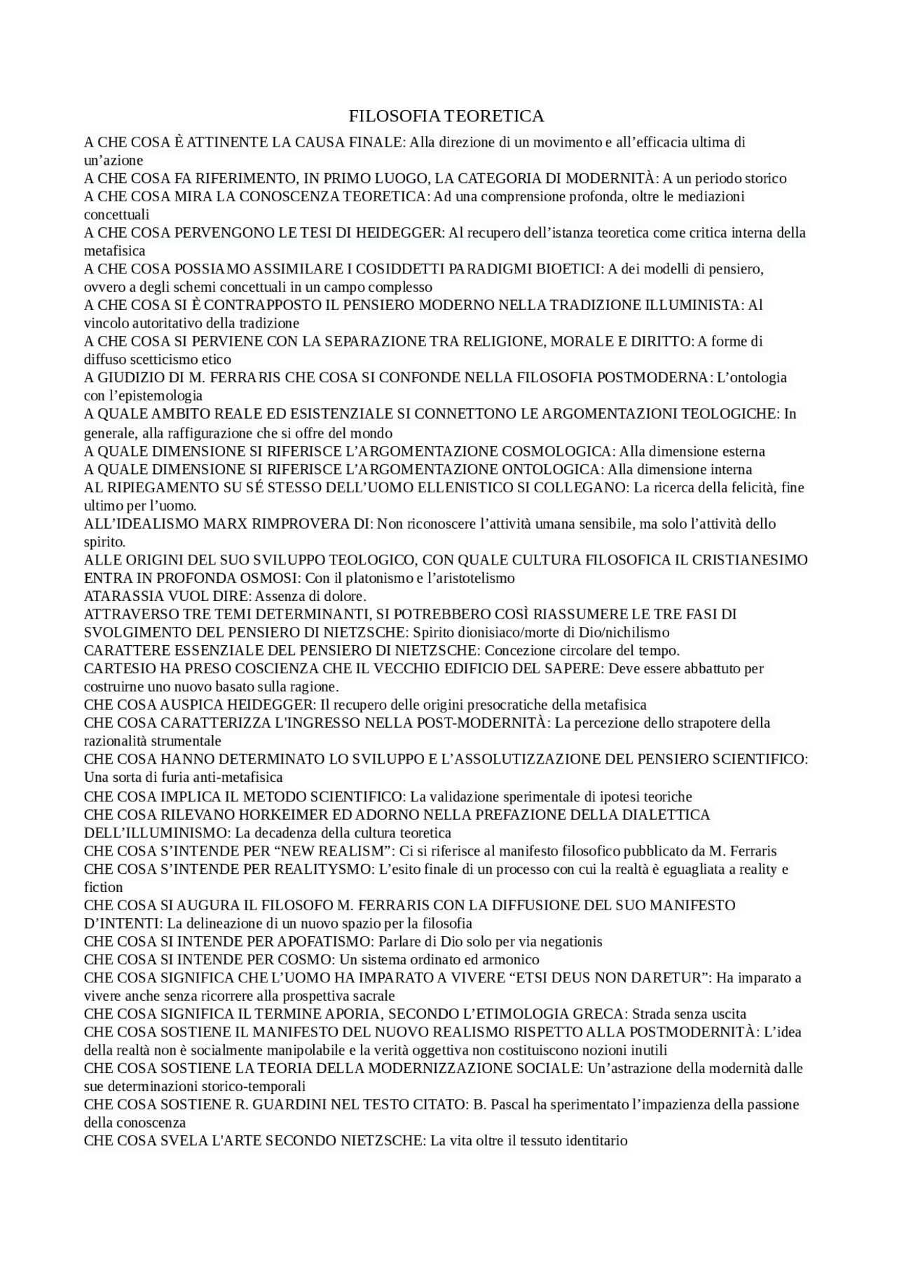Test Di Autovalutazione Filosofia Teorica Pegaso Docsity