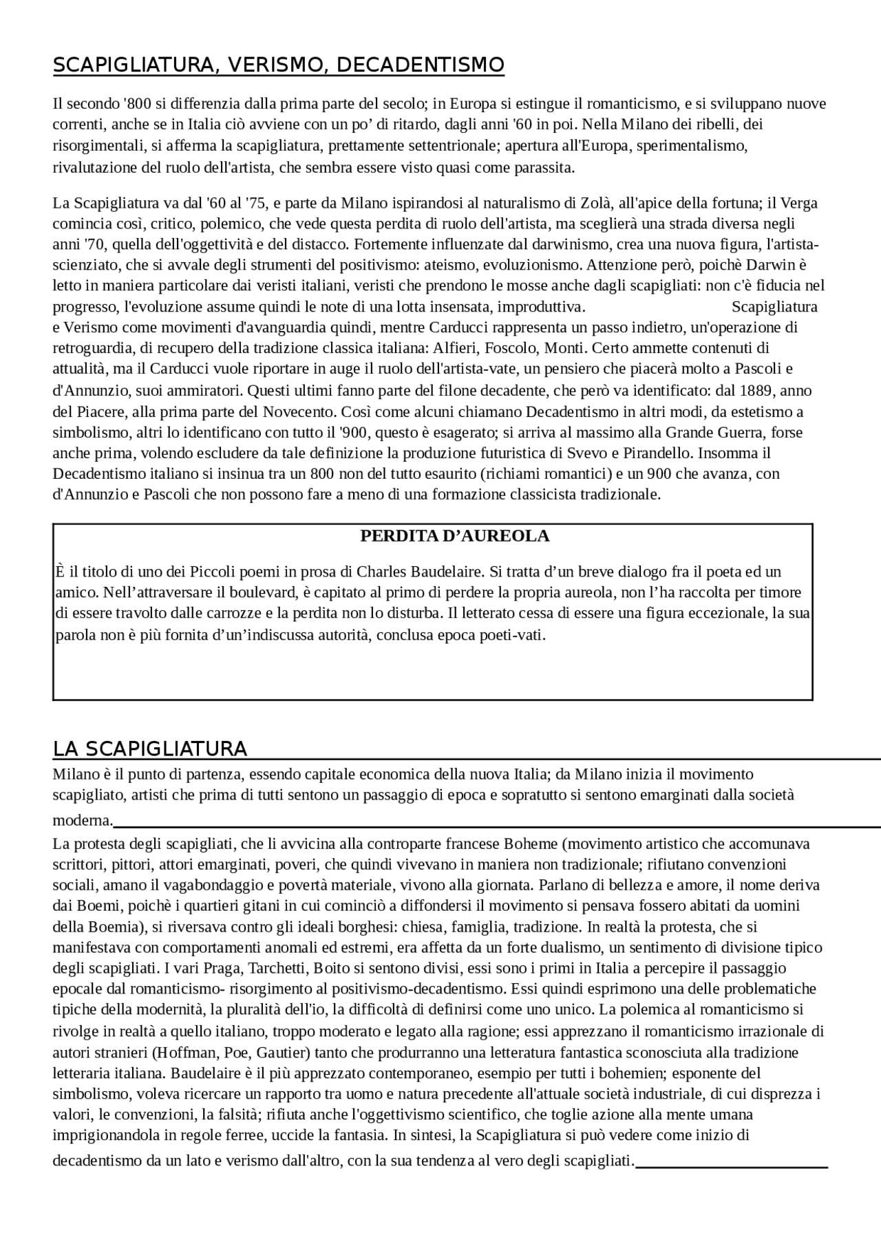 SCAPIGLIATURA, VERISMO, DECADENTISMO | Appunti di Letteratura Italiana | Docsity