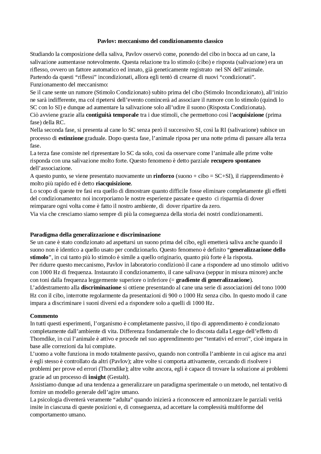 Pavlov Meccanismo Del Condizionamento Classico Docsity