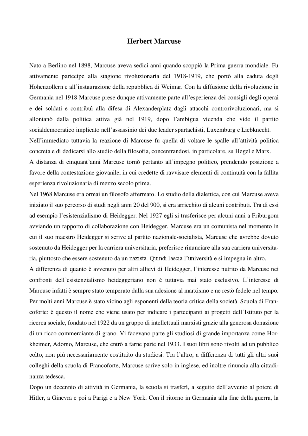 HEBERT MARCUSE VITA ED OPERE - Docsity