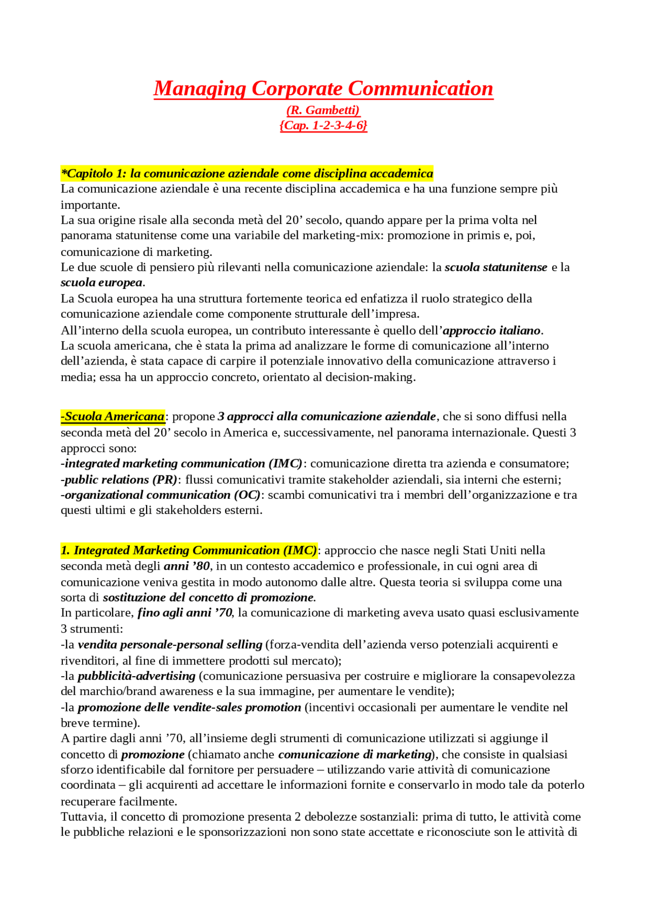 Riassunto Parziale Di Managing Corporate Communication Gambetti Docsity